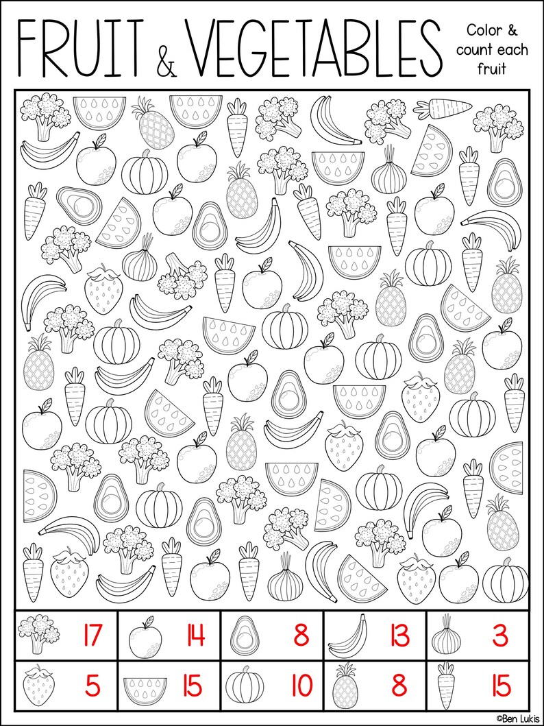 Fruit and Vegetables Count & Graphing Math Worksheets, Healthy Eating ...