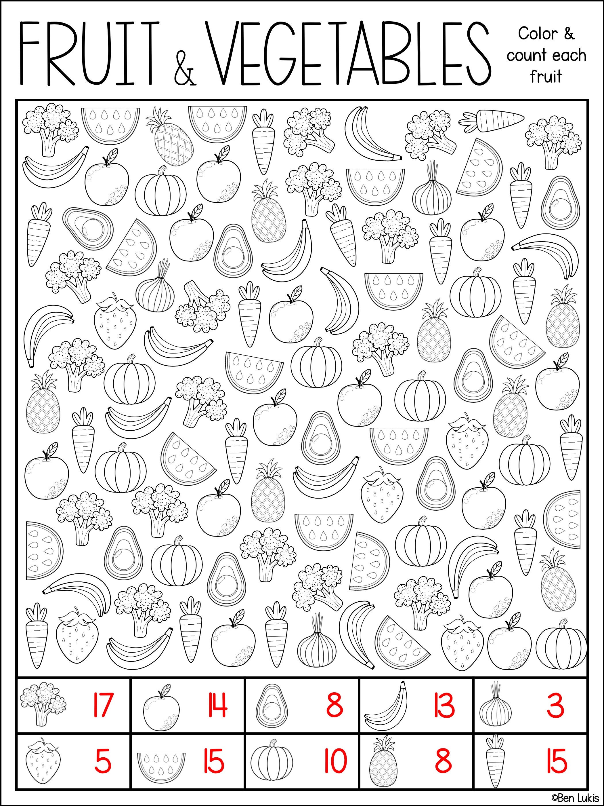 Fruit and Vegetables Count & Graphing Math Worksheets, Healthy Eating ...