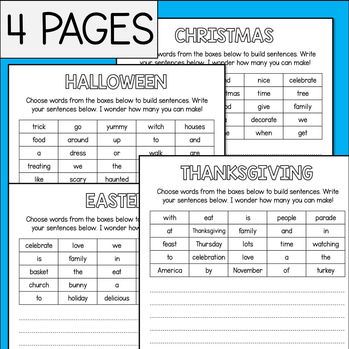 Writing Sentences With Words, Sentence Writing About Holidays ...