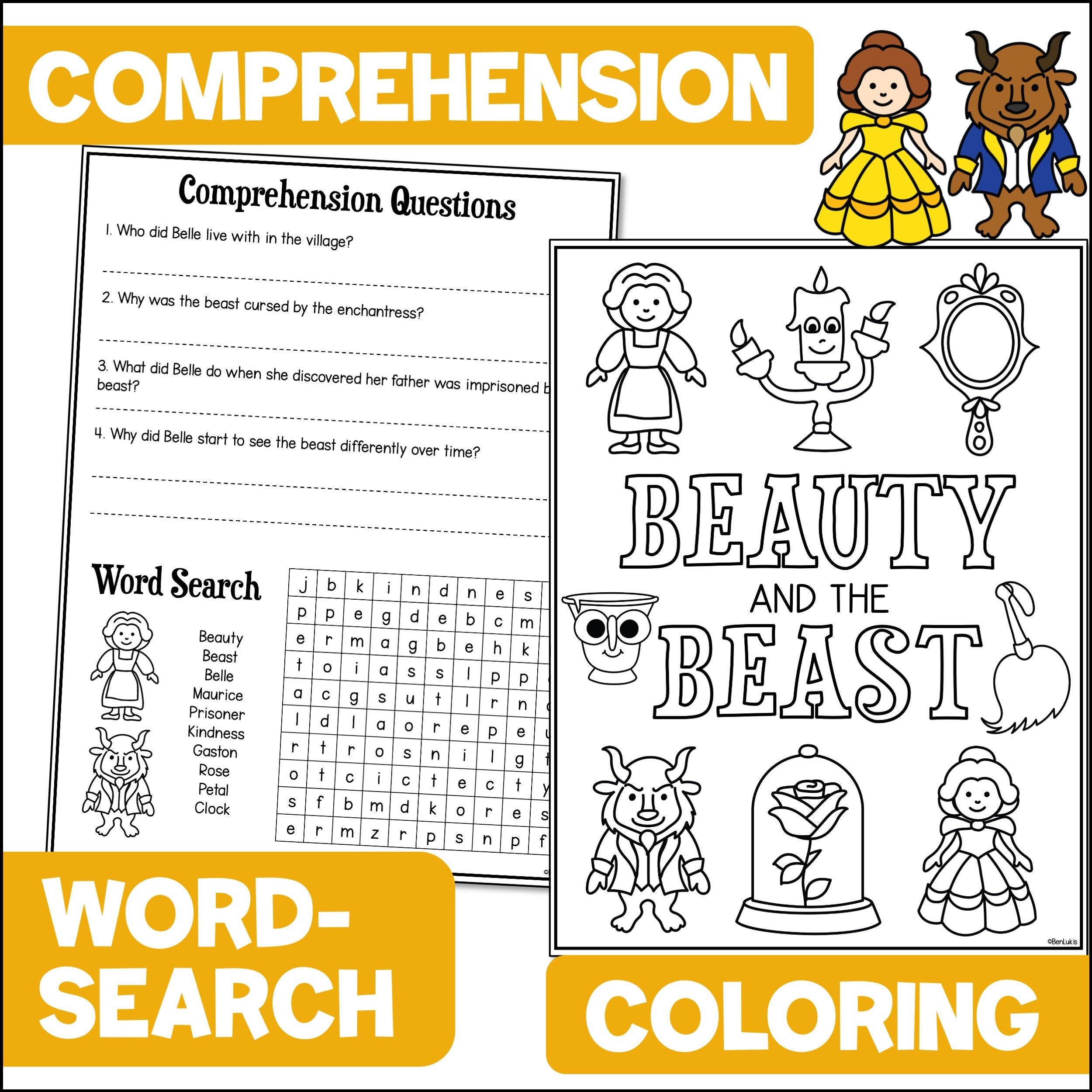 Beauty and the Beast Reading Activity, Comprehension Questions, Word ...