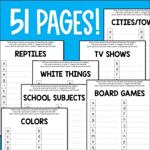 Vocabulary Word Game of Categories, Creative Thinking & Writing ...