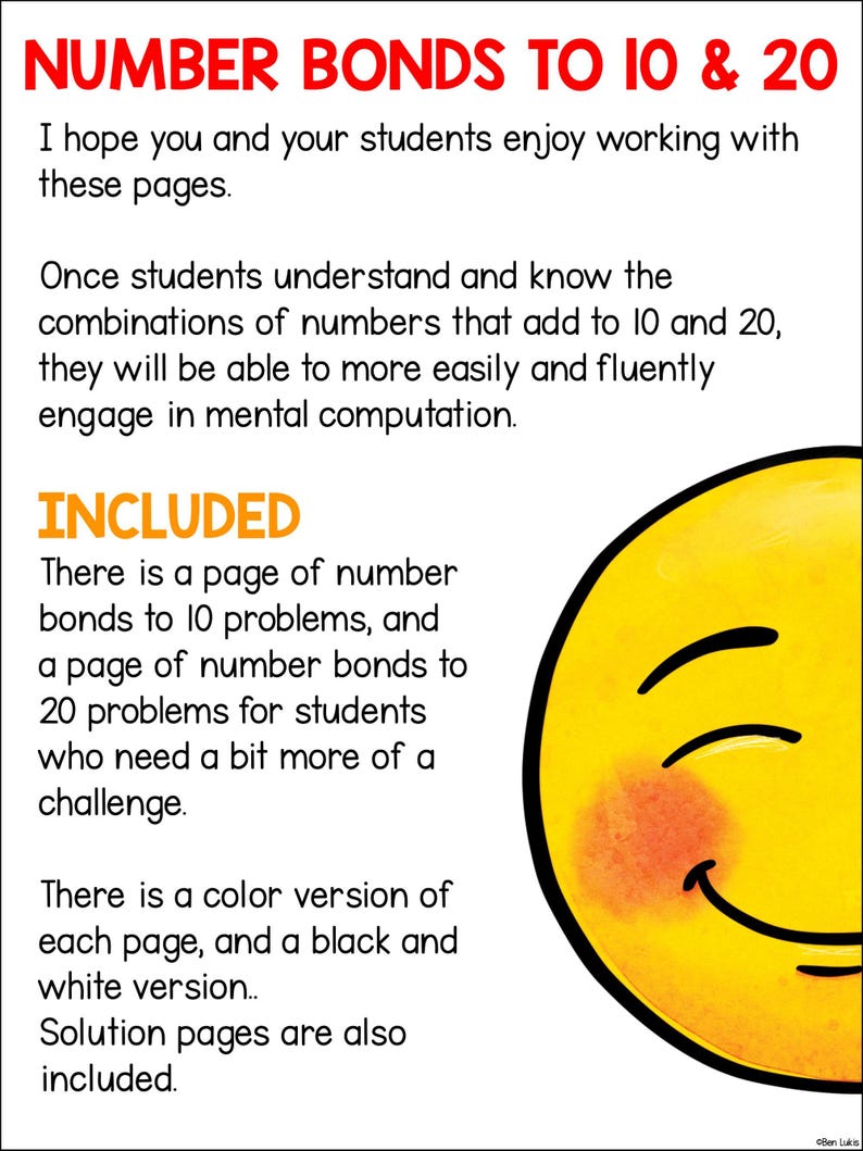 Number Bonds to 10 & 20 Worksheets, Math Facts and Early Algebra ...