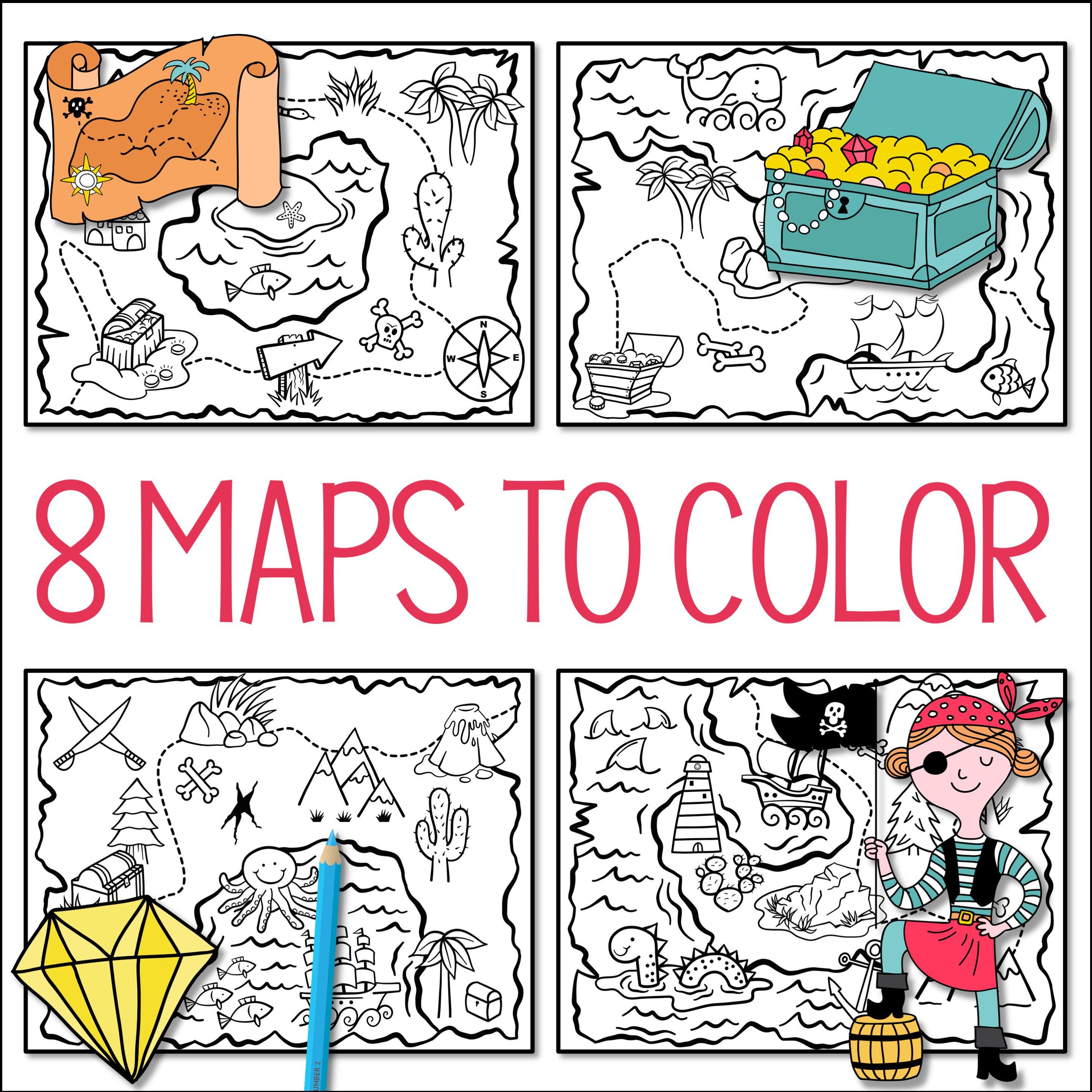 Pirate Treasure Maps Coloring Pages, Kids Printable Activity, Digital ...