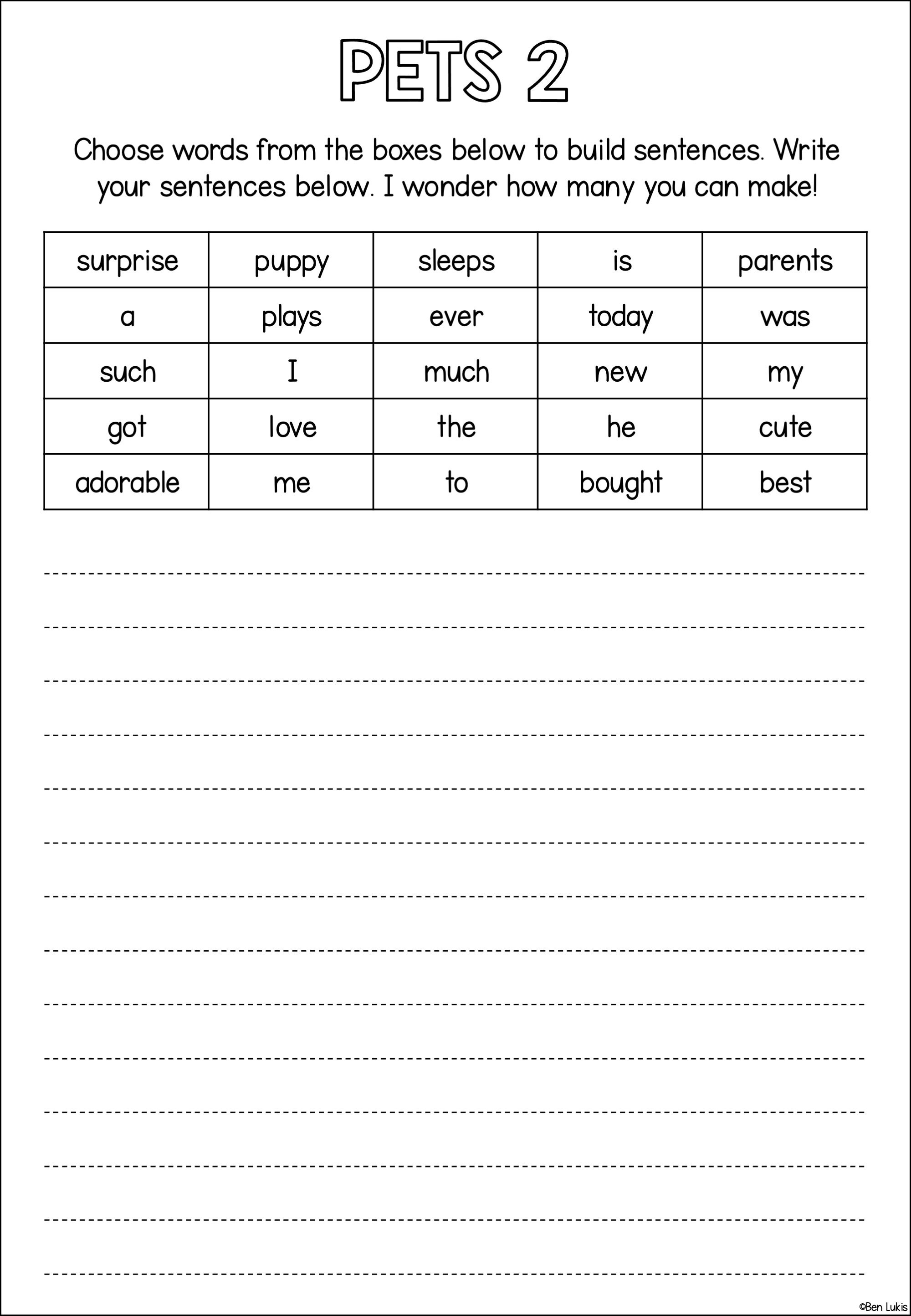 Building Sentences Using Words, Writing Sentences About Pets, Printable ...