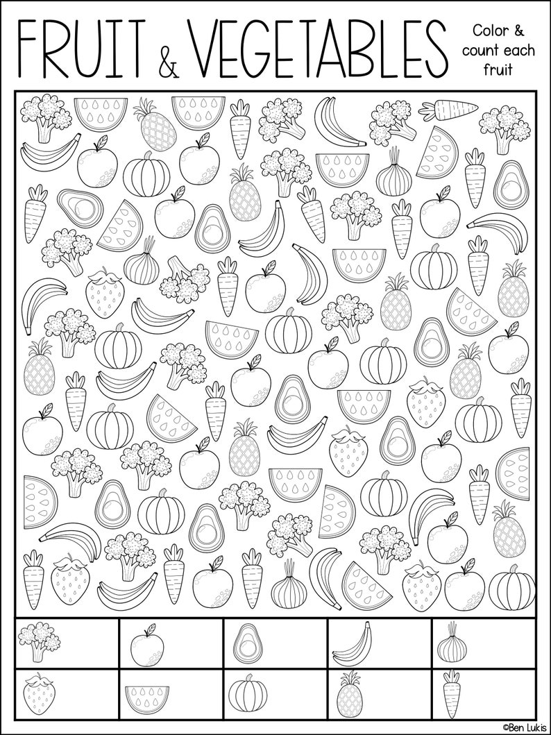 Fruit and Vegetables Count & Graphing Math Worksheets, Healthy Eating ...