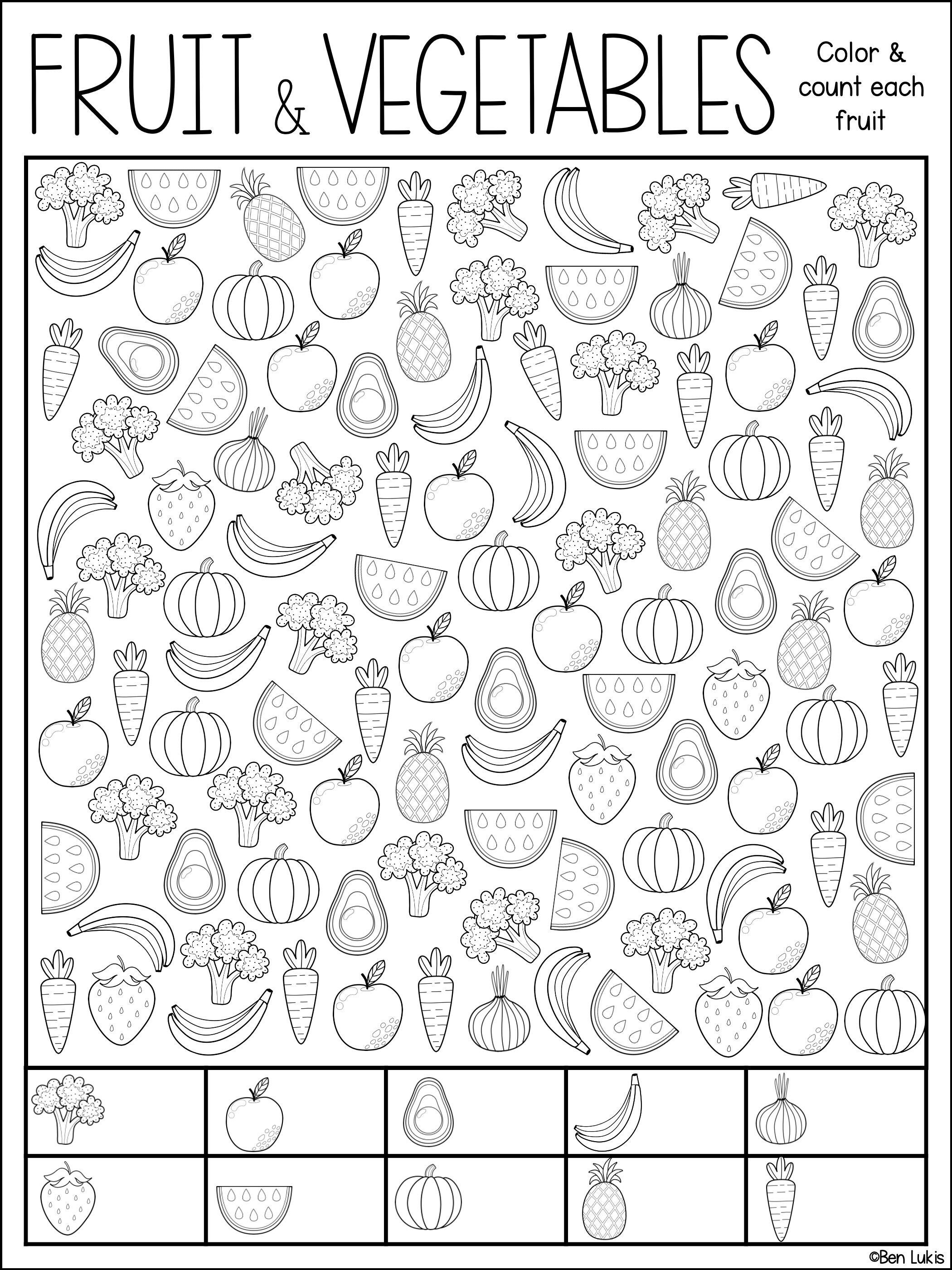 Fruit and Vegetables Count & Graphing Math Worksheets, Healthy Eating ...