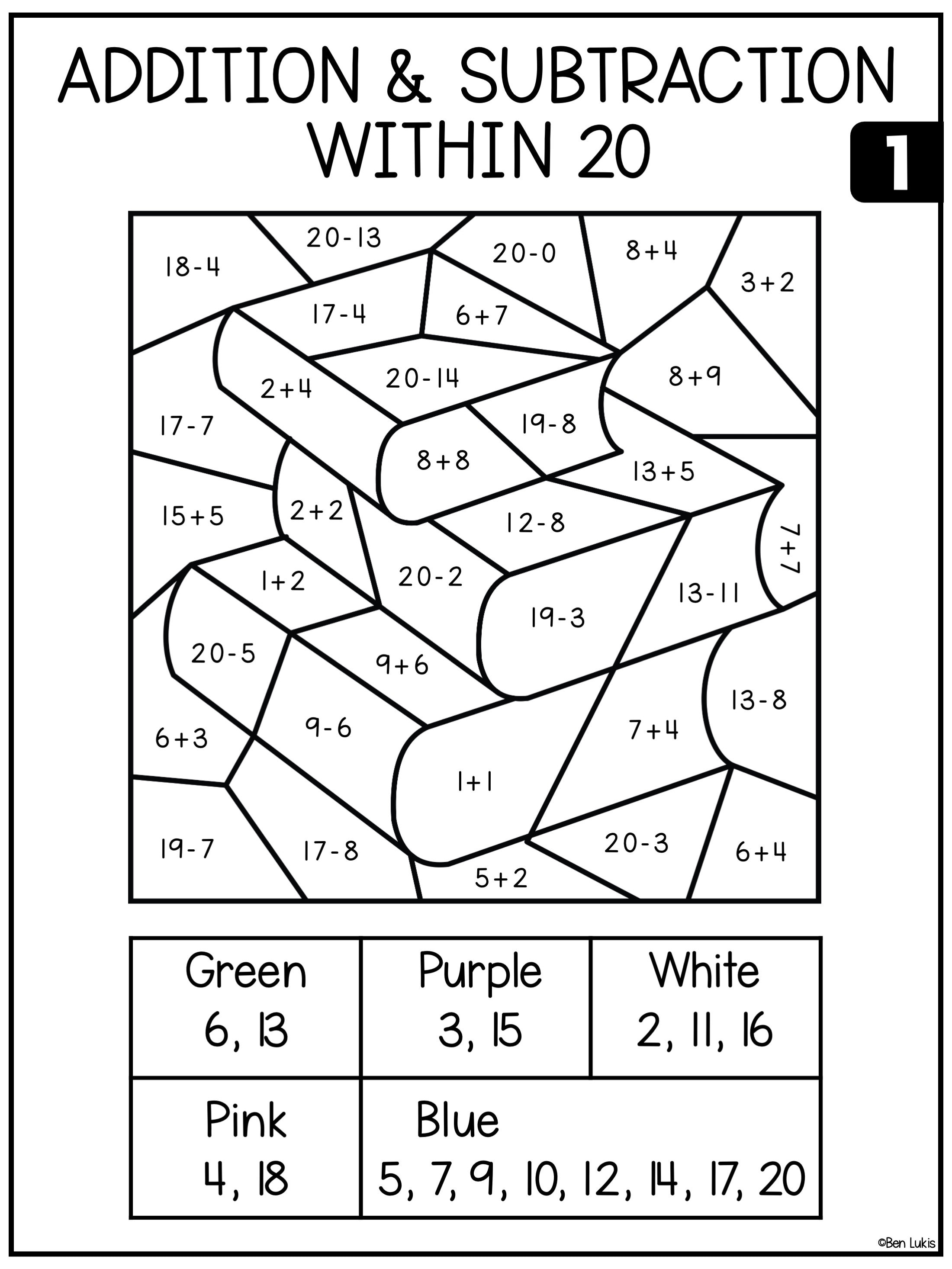 Color by Number Addition and Subtraction Within 20 Worksheets, Math ...