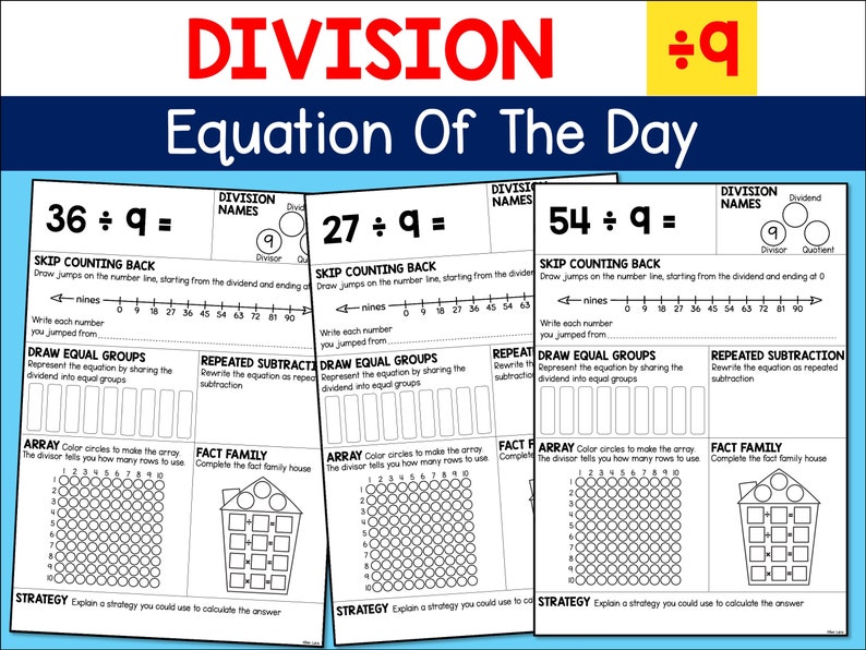 Divide by 9 Practice Math Worksheets, Division Equation of the Day ...