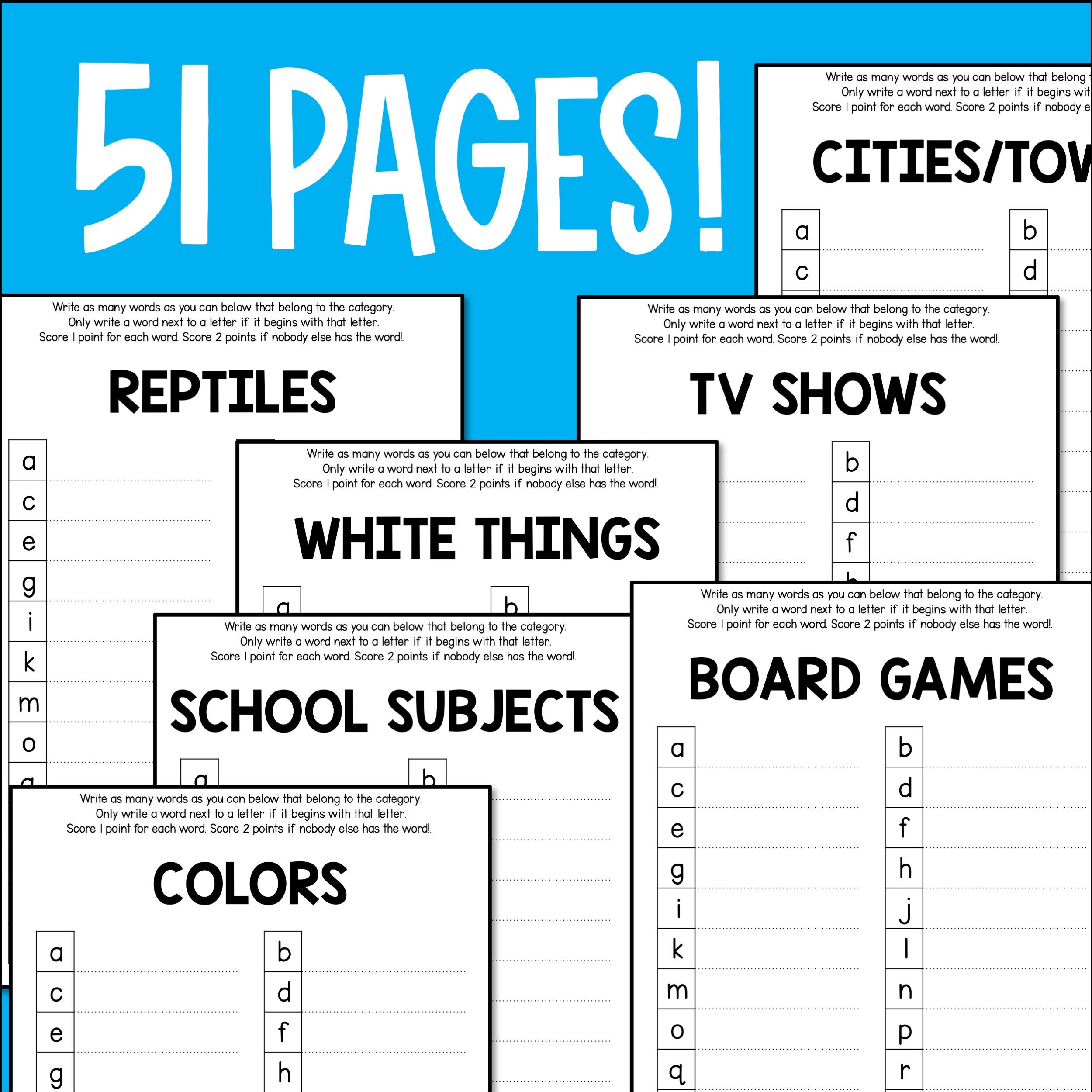 Vocabulary Word Game of Categories, Creative Thinking and Writing ...