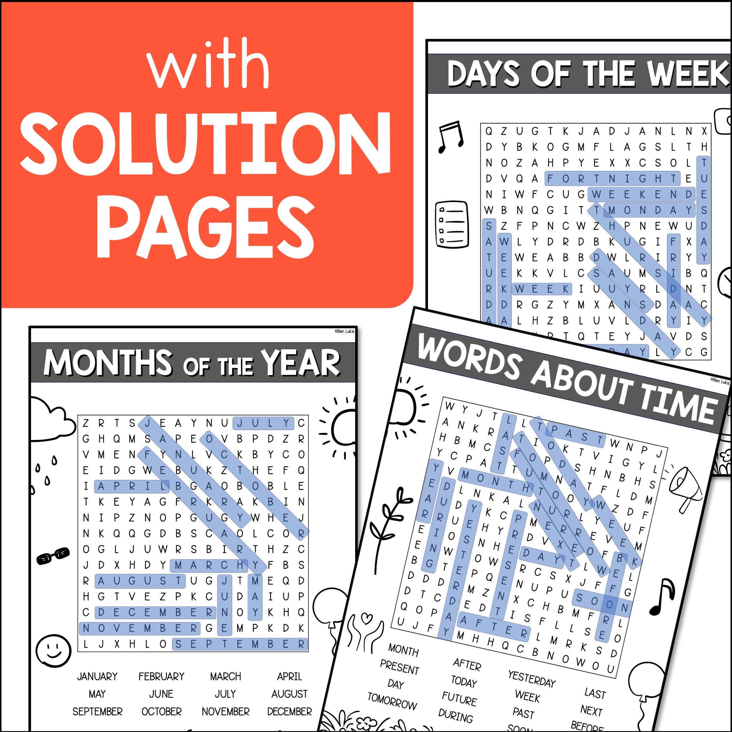 Word Search Puzzles for Days of Week, Months of the Year, Time Word ...