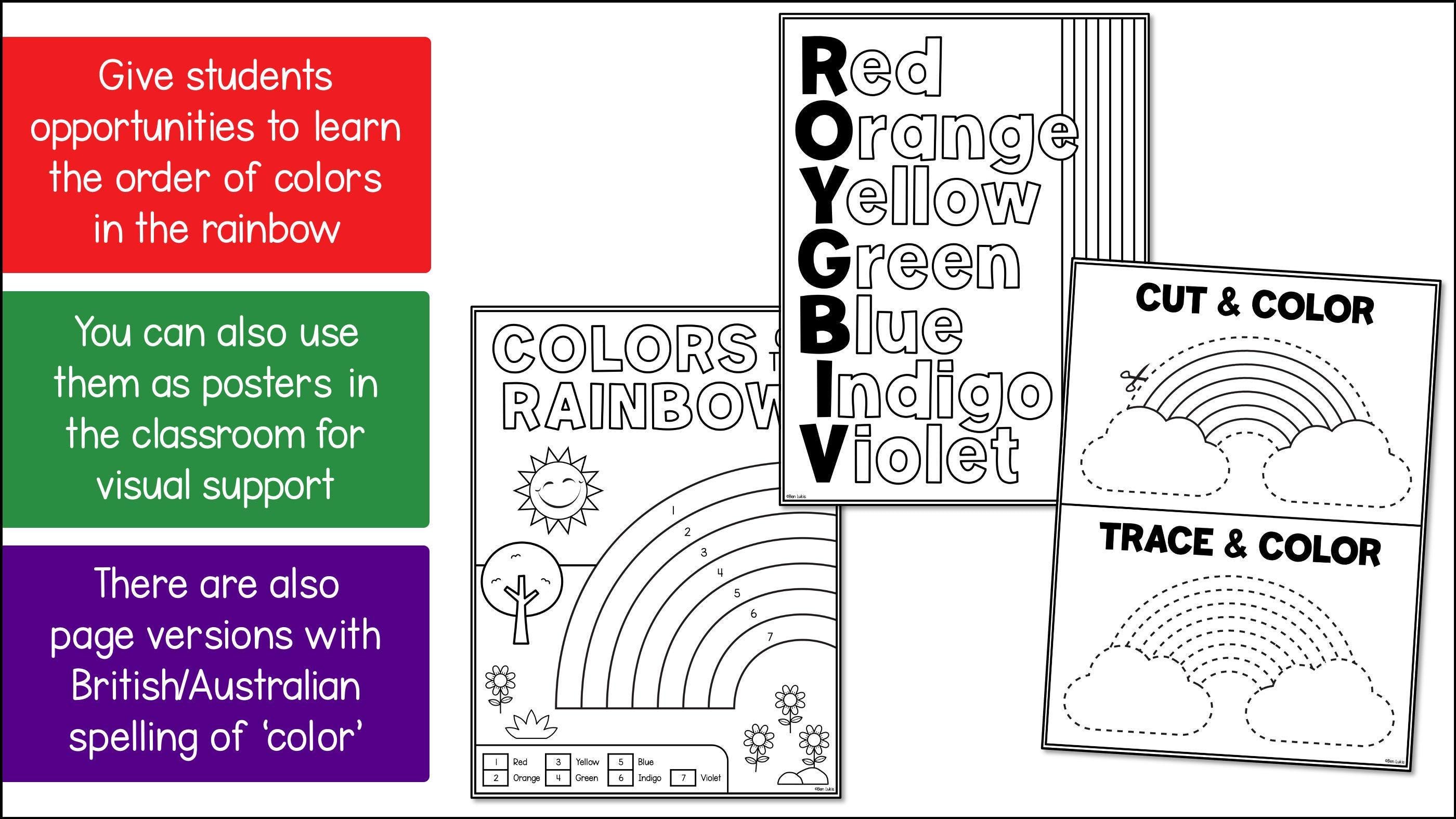 Rainbow Colors Learning Pages, ROYGBIV Coloring Posters, Rainbow ...