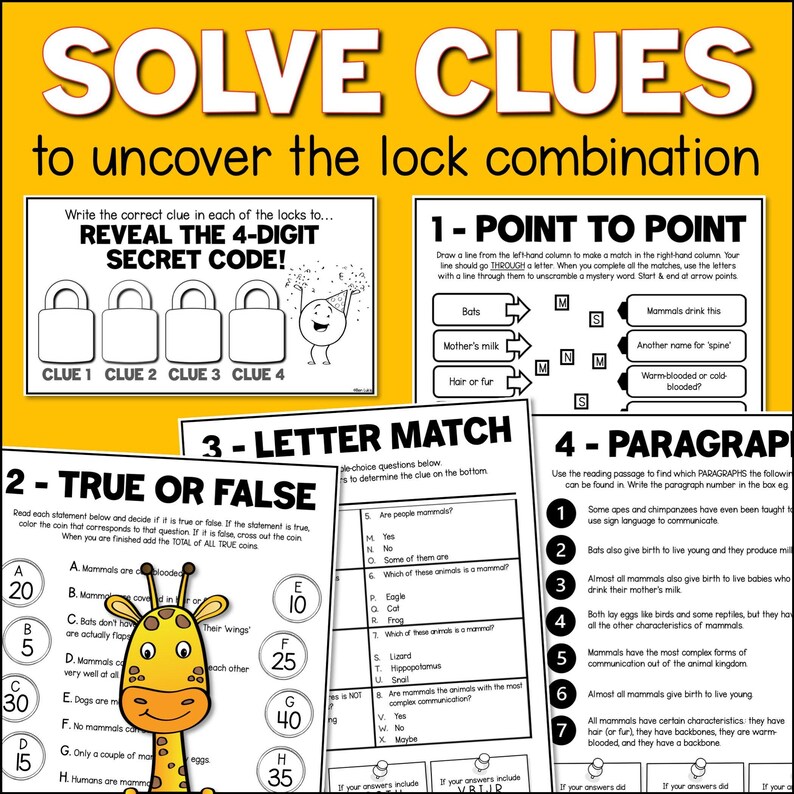 Educational Escape Room Game, Printable Mammals Themed Activity, Kids ...