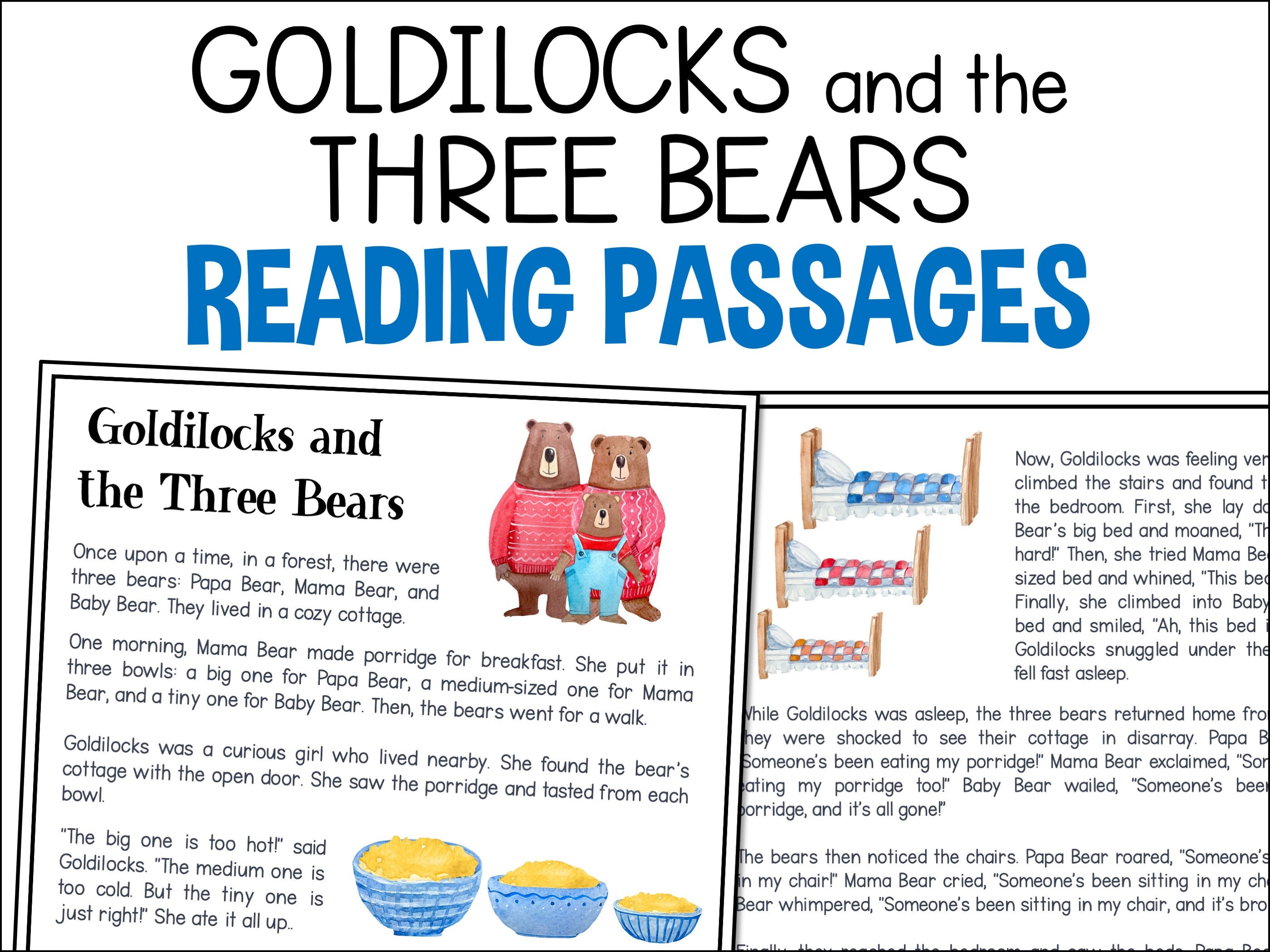 Goldilocks and the Three Bears Reading Passages, Fairy Tale to Read ...