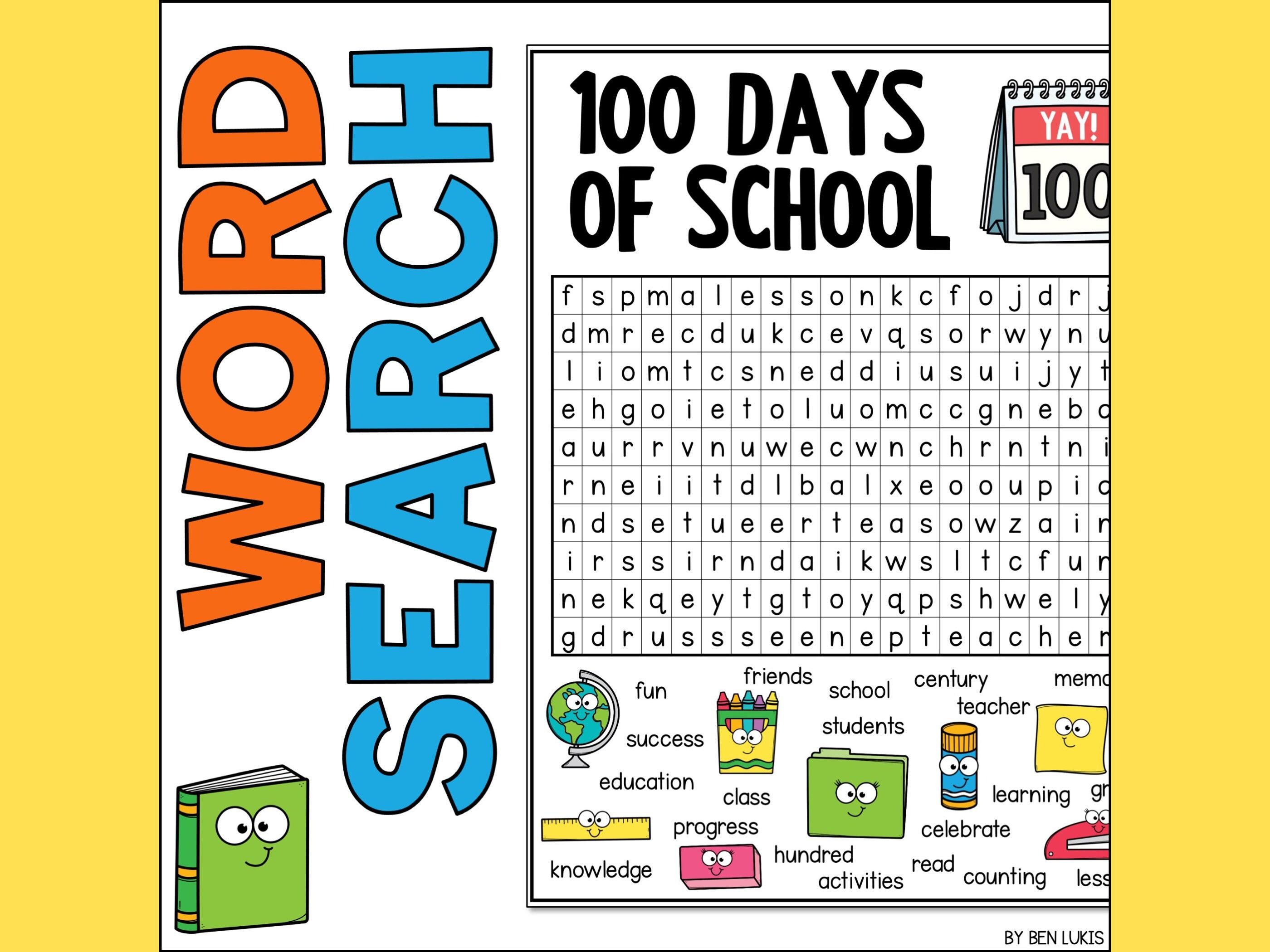 100th Day of School Word Search, 100 Days of School ELA Wordsearch ...
