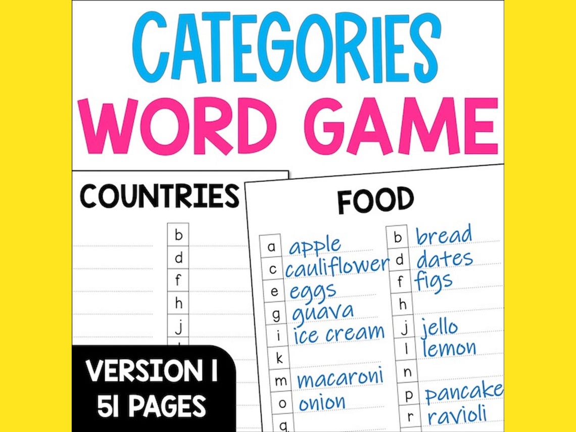 Vocabulary Word Game of Categories, Creative Thinking & Writing ...