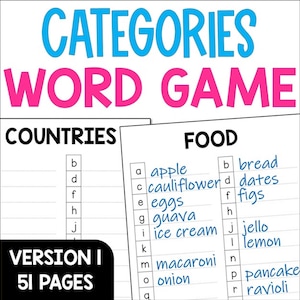 Vocabulary Word Game of Categories, Creative Thinking & Writing ...