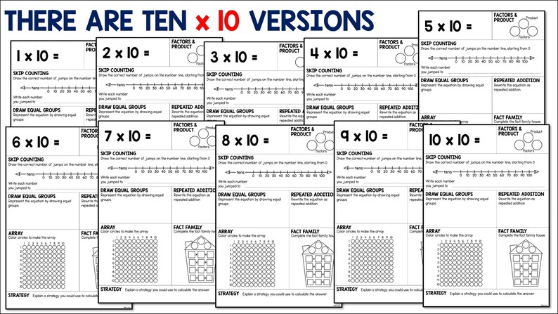 10 Times Table Multiplication Equation of the Day Practice Worksheets ...