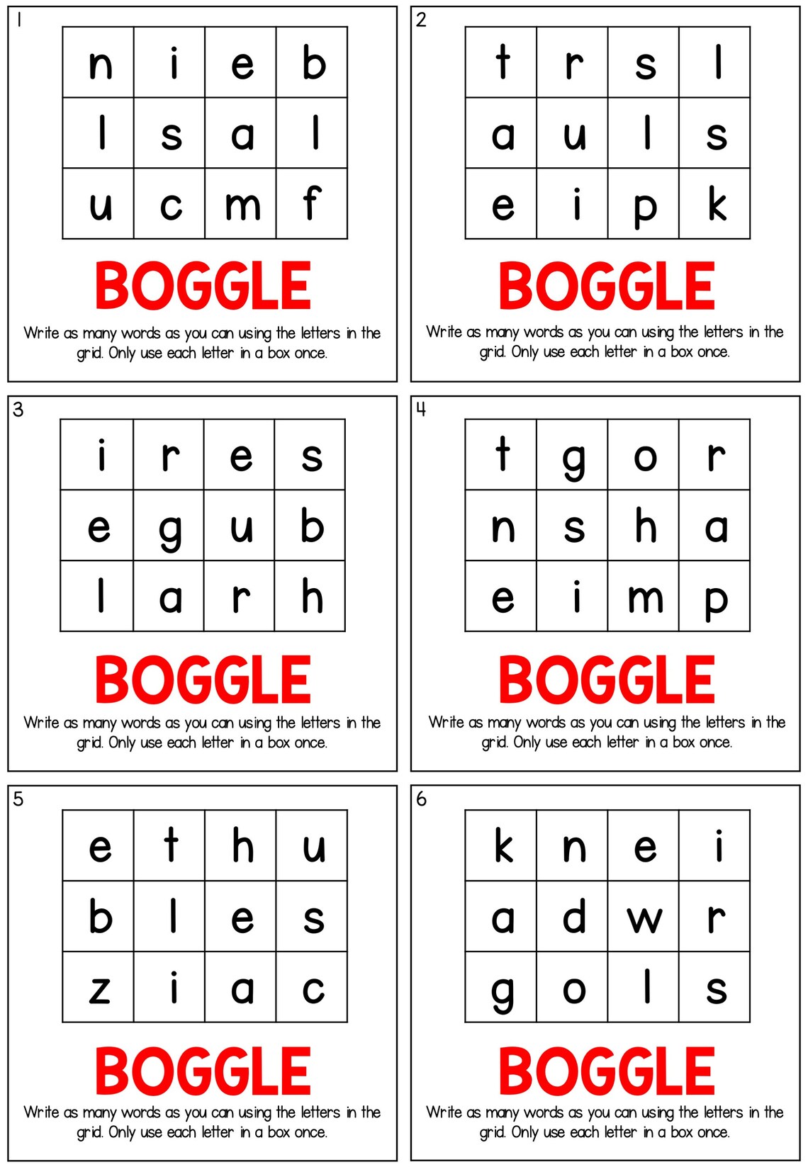 Boggle Cards for Spelling and Making Words, Printable PDF Boggle ...