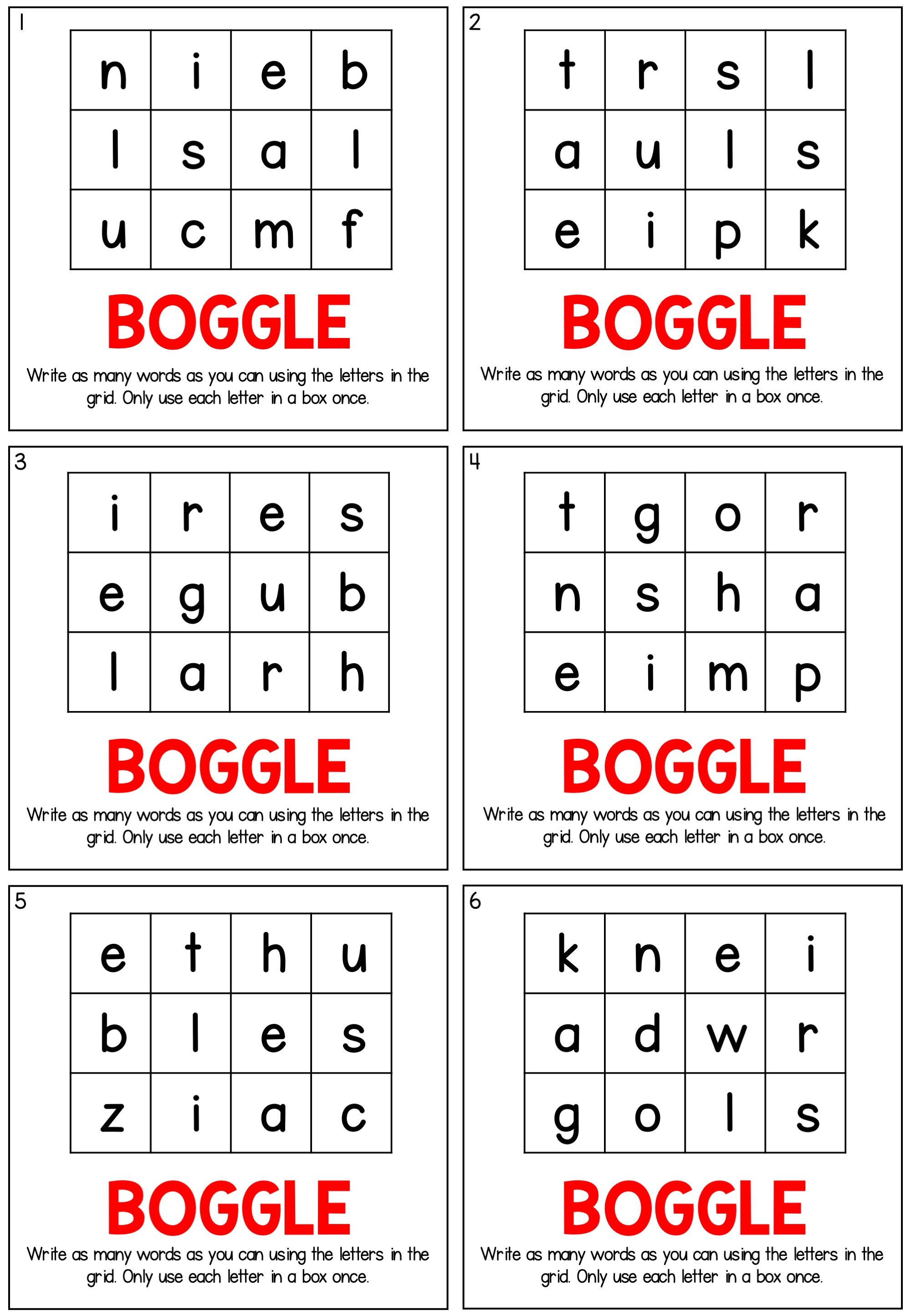 Boggle Cards for Spelling and Making Words, Printable PDF Boggle ...