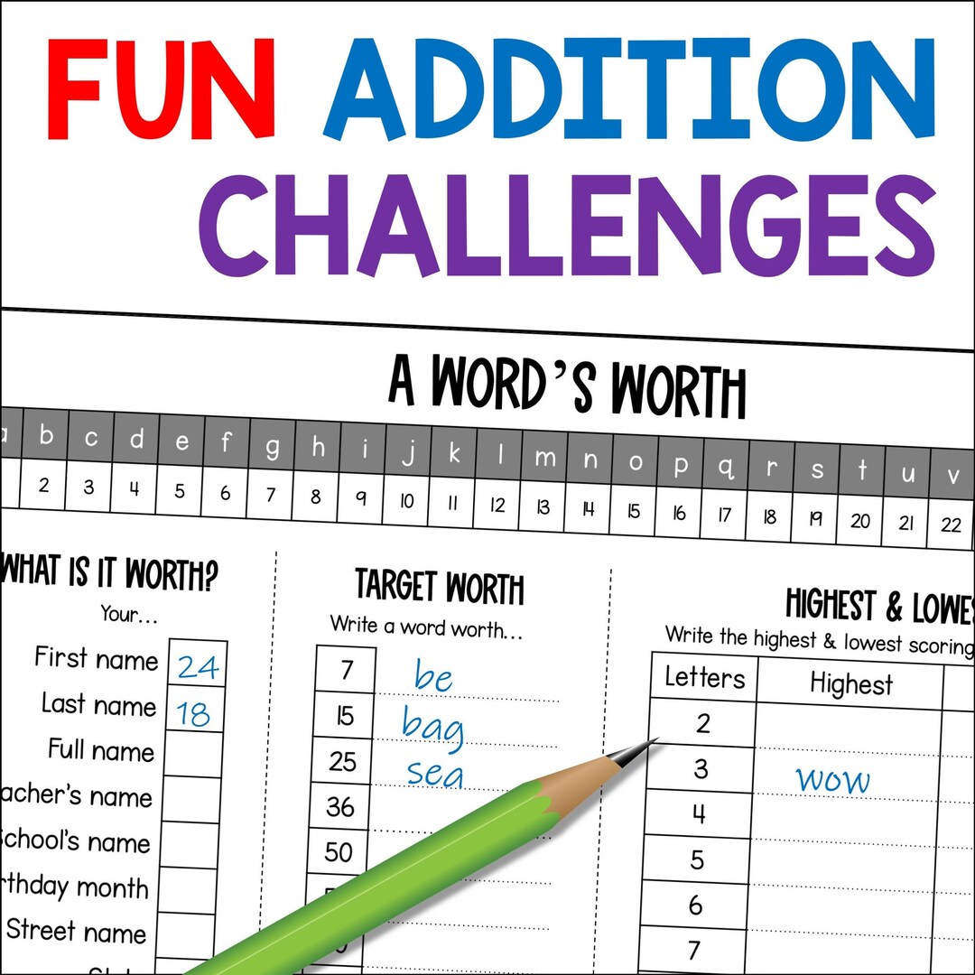Addition Fun Math Activity Challenges, Calculate the Value of Words ...