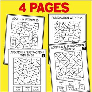 Color by Number Addition and Subtraction Within 20 Worksheets, Math ...