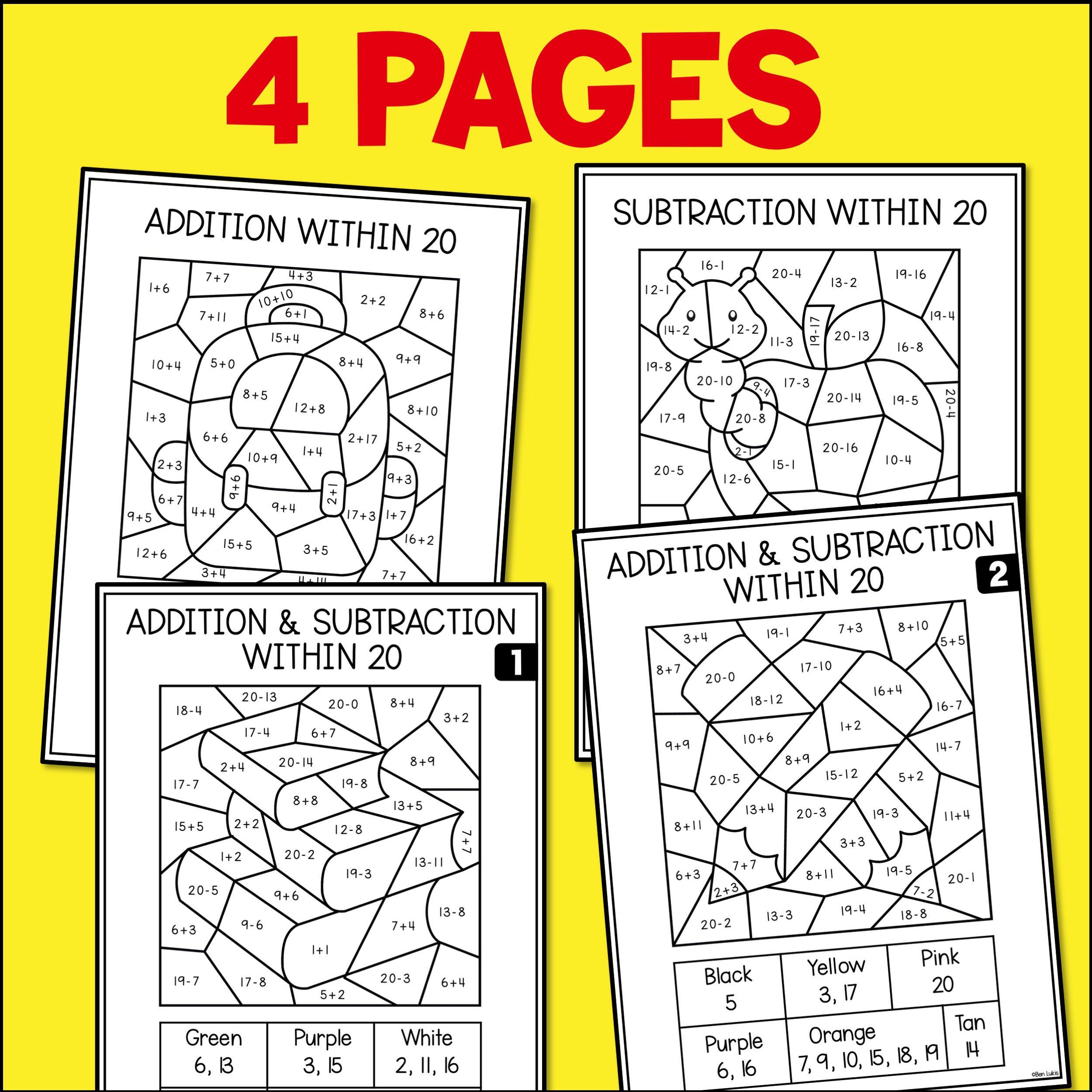 Color by Number Addition and Subtraction Within 20 Worksheets, Math ...