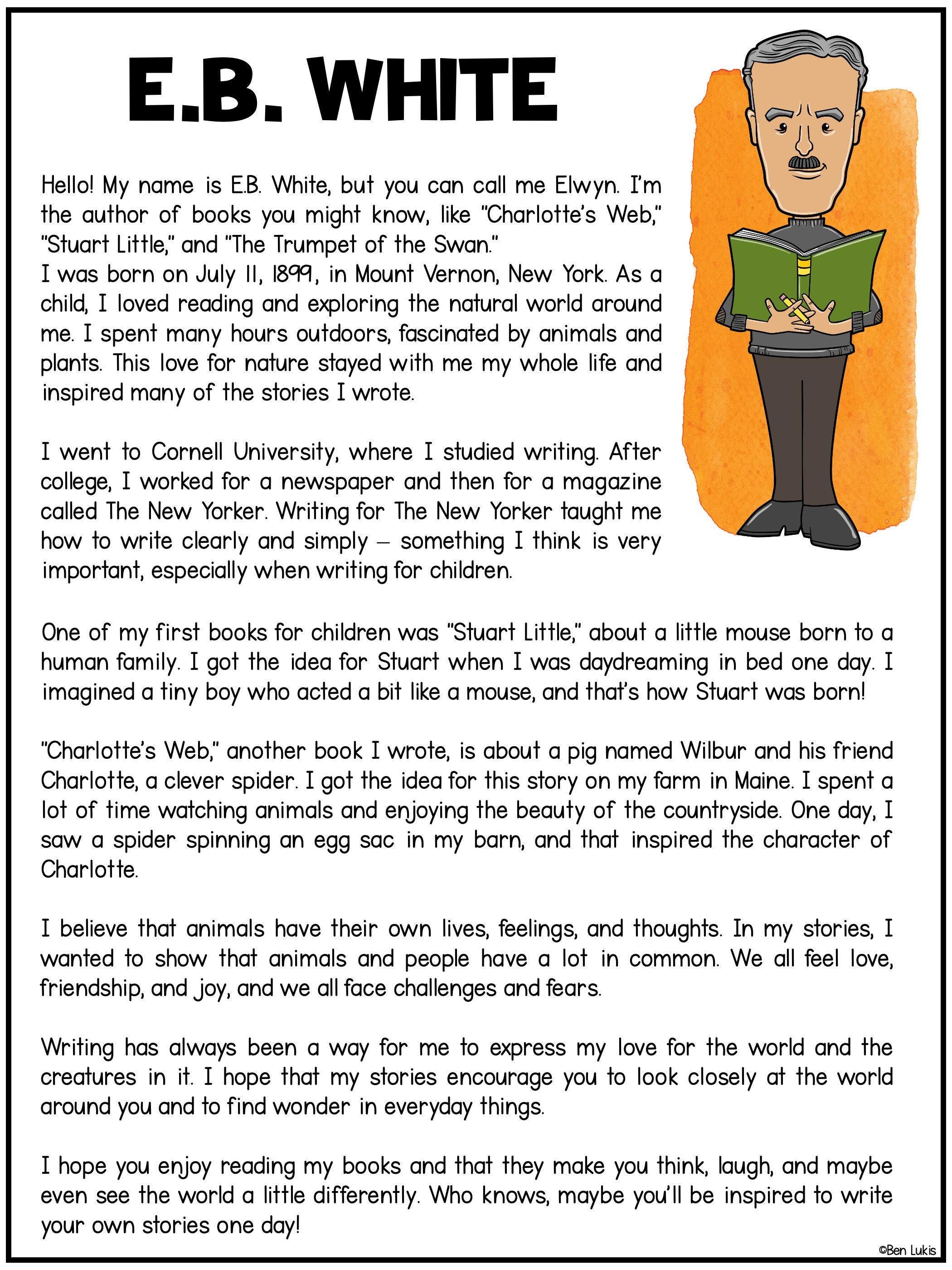 E.B. White Author Study Worksheets and Activities, PDF Digital Download ...