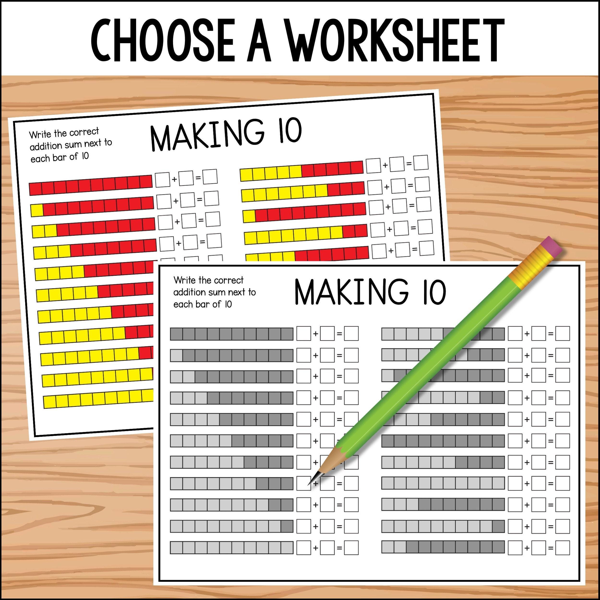 Addition to 10 Number Bonds Math Poster & Worksheet, Math Fact Fluency ...