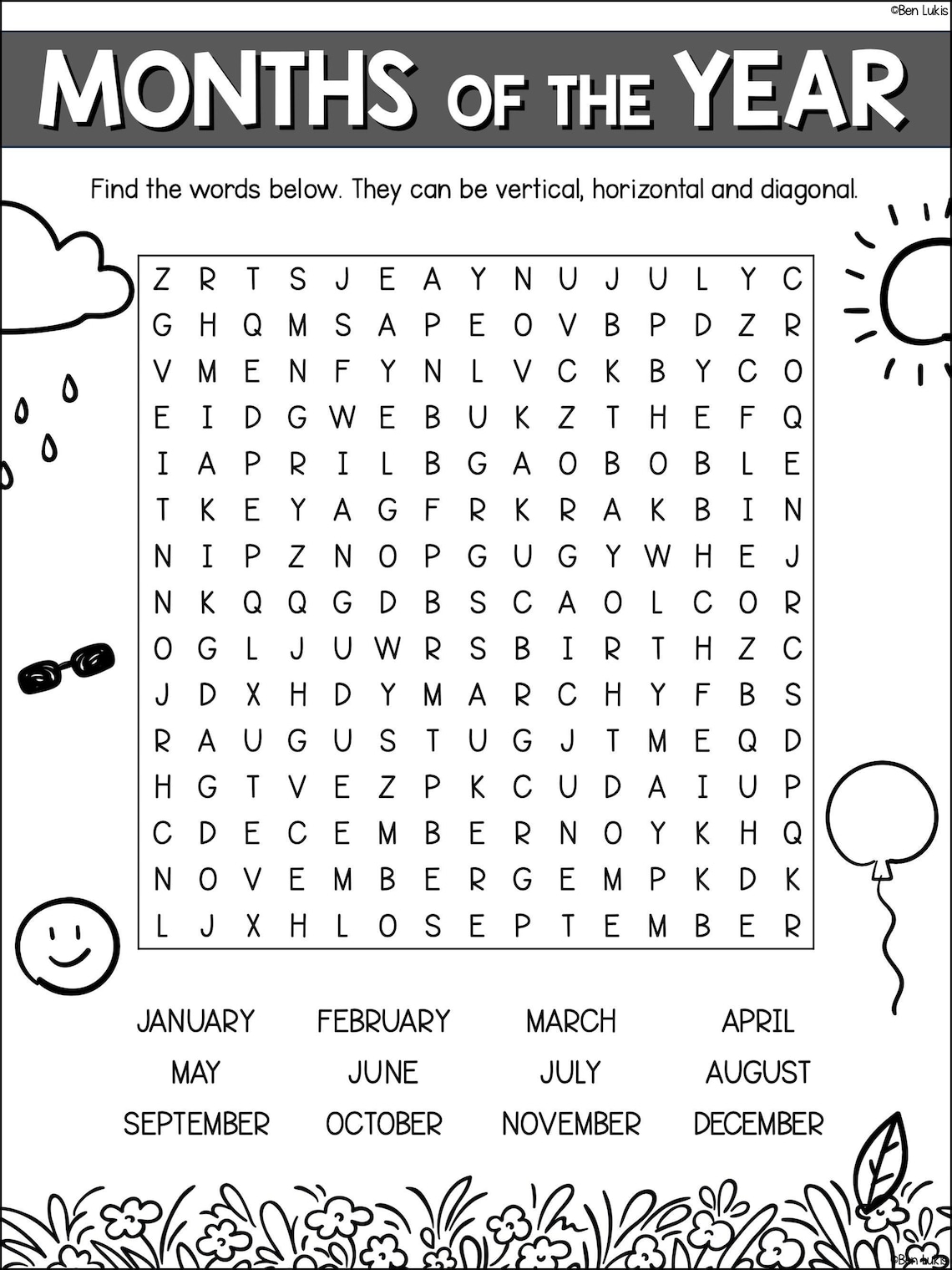 Word Search Puzzles for Days of Week, Months of the Year, Time Word ...