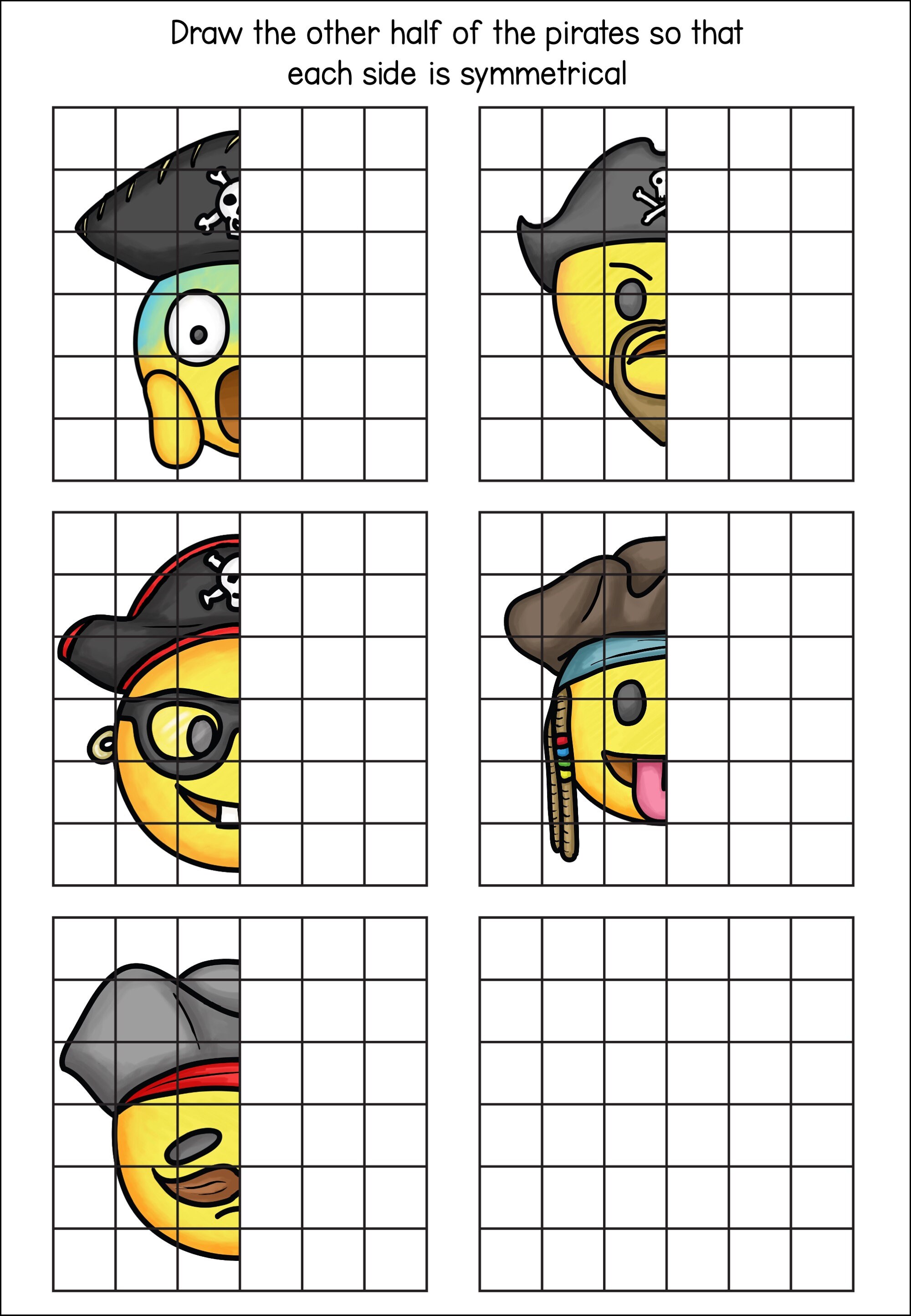 Pirate Symmetry Art and Math Worksheets, Pirate Drawing Geometry ...