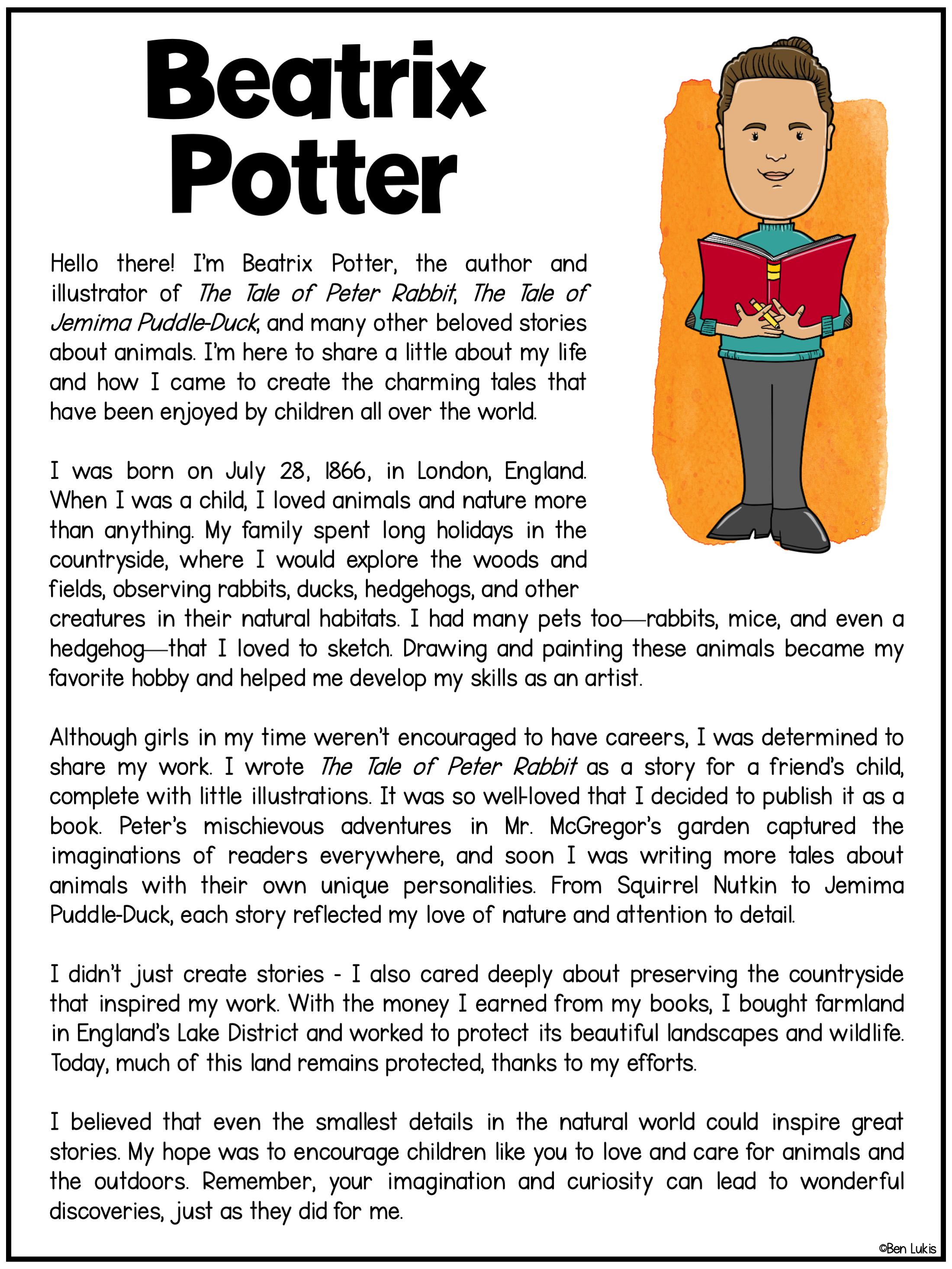 Beatrix Potter Author Study Worksheets, PDF Printable Homeschool ...