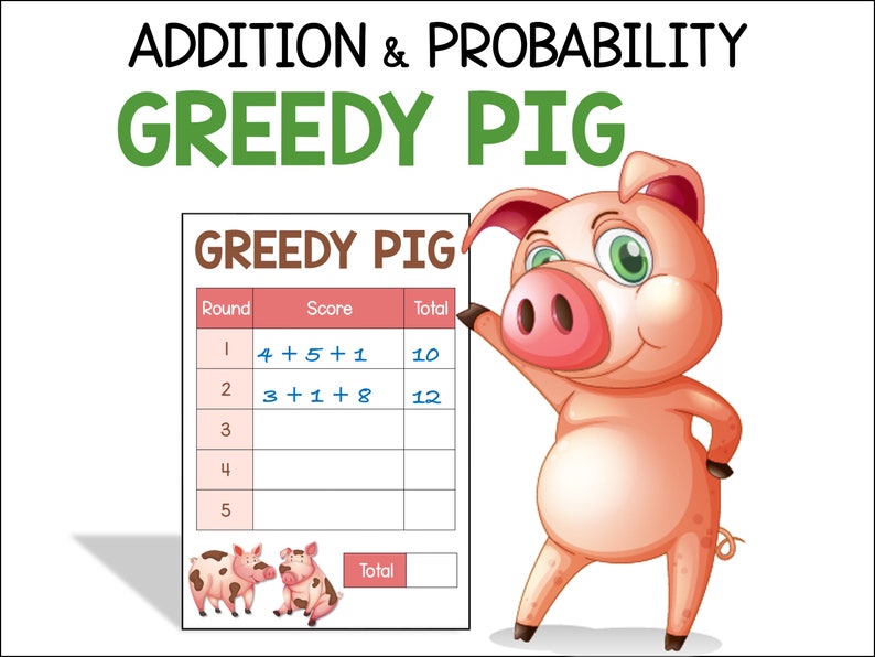 Addition Math Game of Chance and Probability, Greedy Pig Math Game, Fun ...