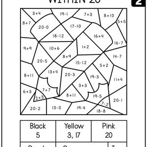 Color by Number Addition and Subtraction Within 20 Worksheets, Math ...