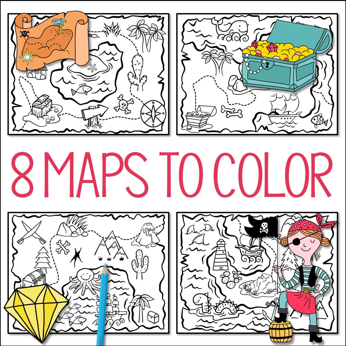 Pirate Treasure Maps Coloring Pages, Kids Printable Activity (digital ...