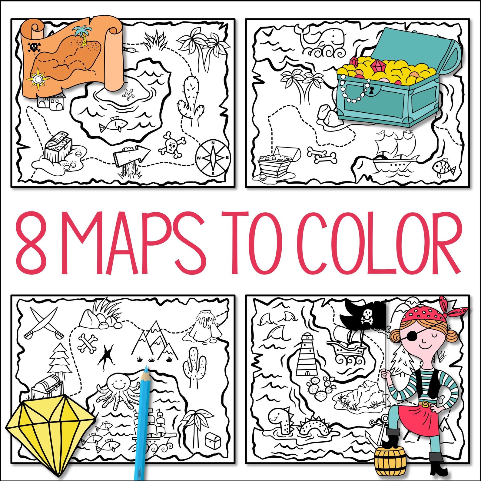 Pirate Treasure Maps Coloring Pages, Kids Printable Activity, Digital ...
