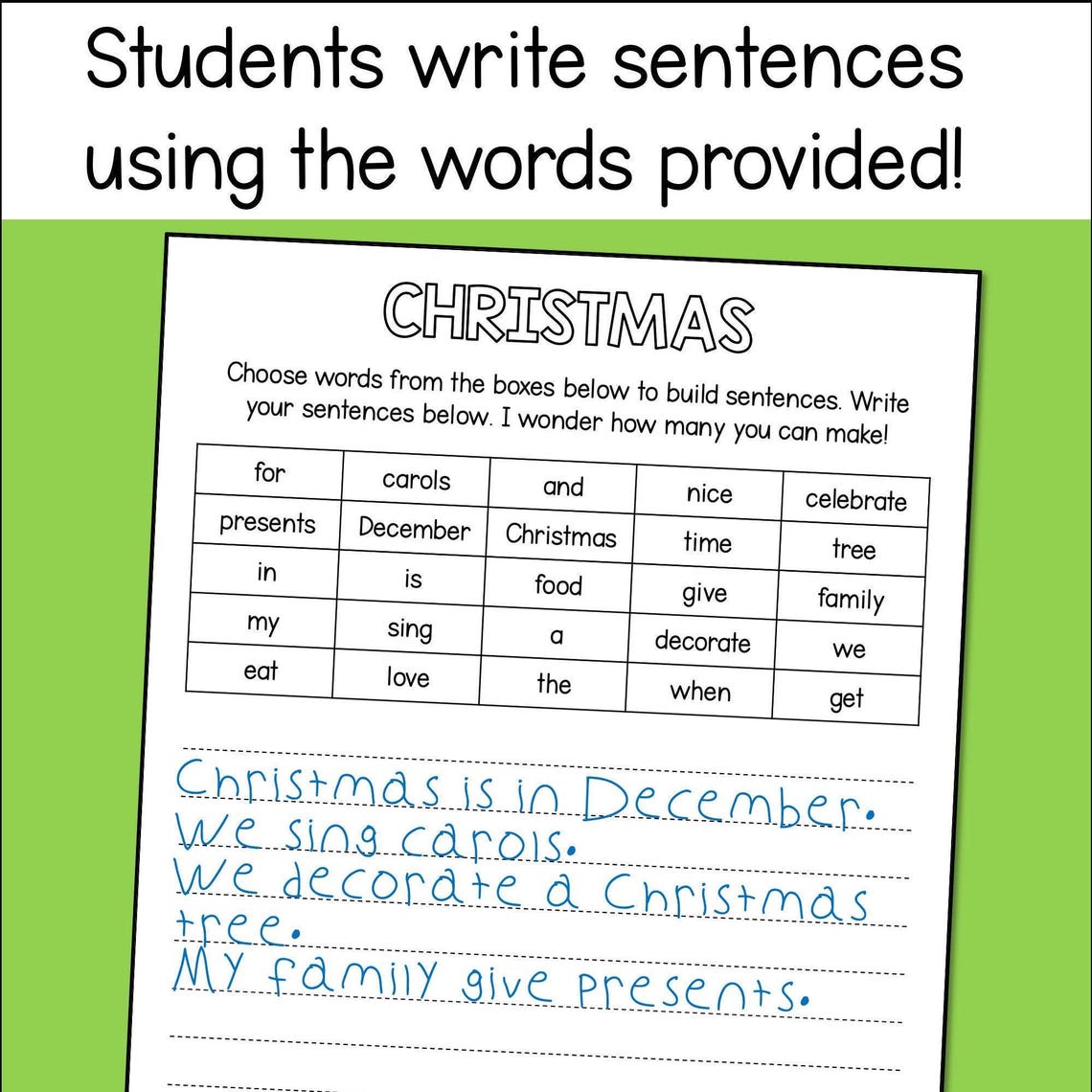 Writing Sentences With Words, Sentence Writing About Holidays ...