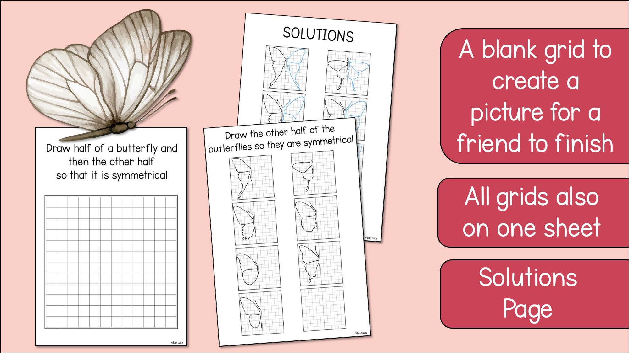 Symmetry Drawing of Butterflies, Art and Math Worksheets, Butterfly ...