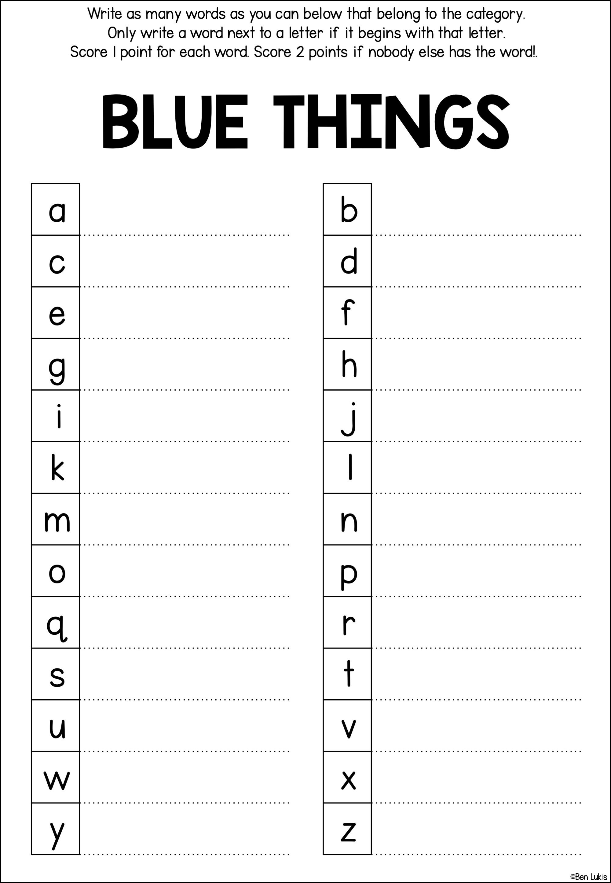 Vocabulary Word Game of Categories, Creative Thinking and Writing ...