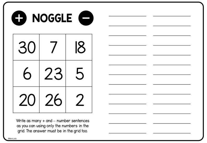 Addition and Subtraction Math Game, Noggle - Math Boggle, Printable ...