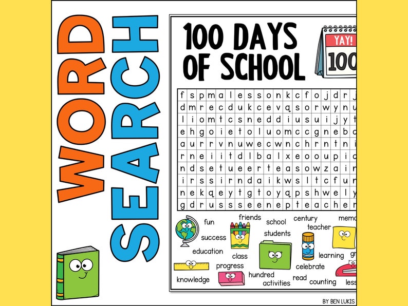100th Day of School Word Search, 100 Days of School ELA Wordsearch ...