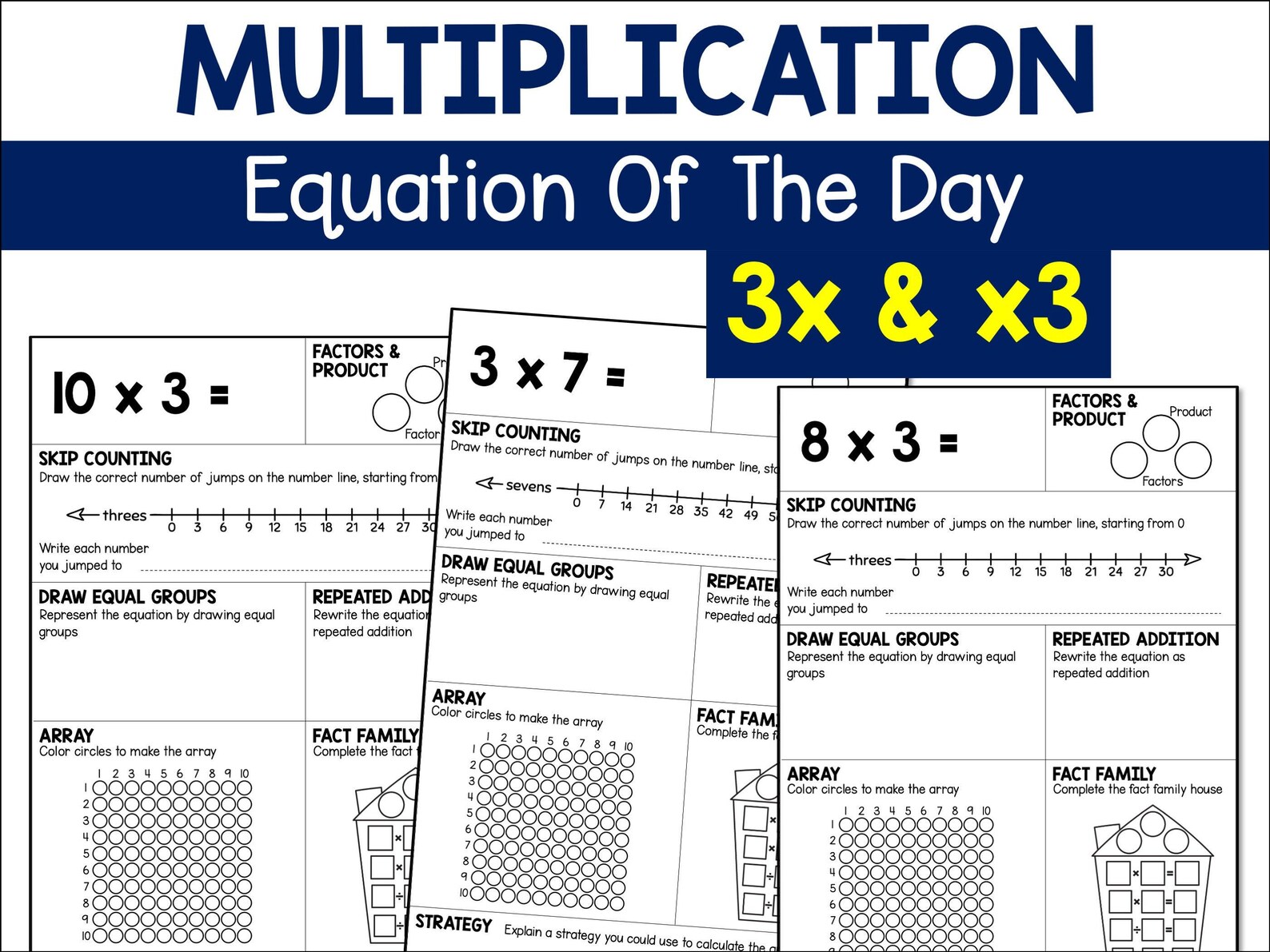 3 Times Table Multiplication Equation of the Day Practice Worksheets ...