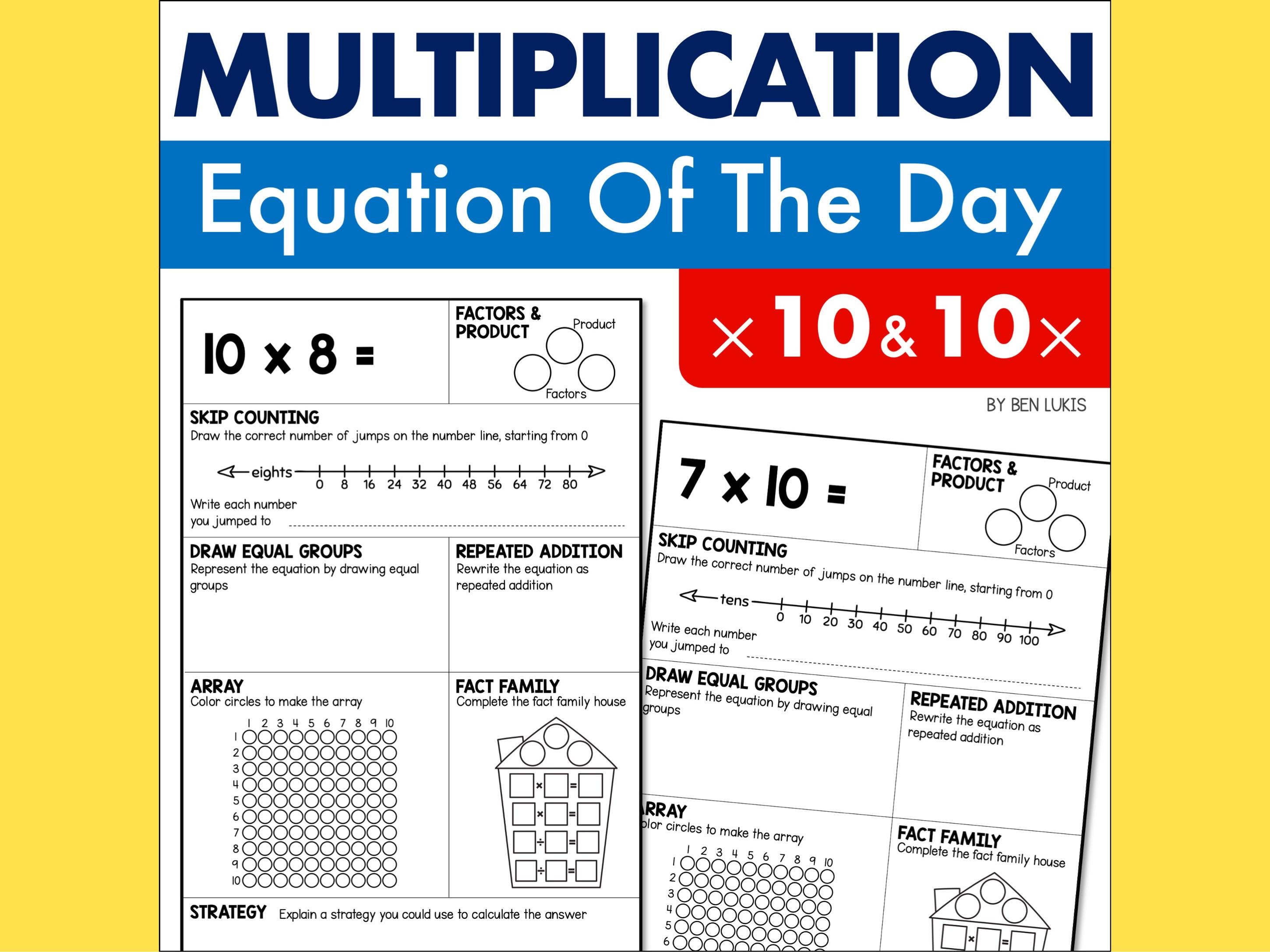 10 Times Table Multiplication Equation of the Day Practice Worksheets ...