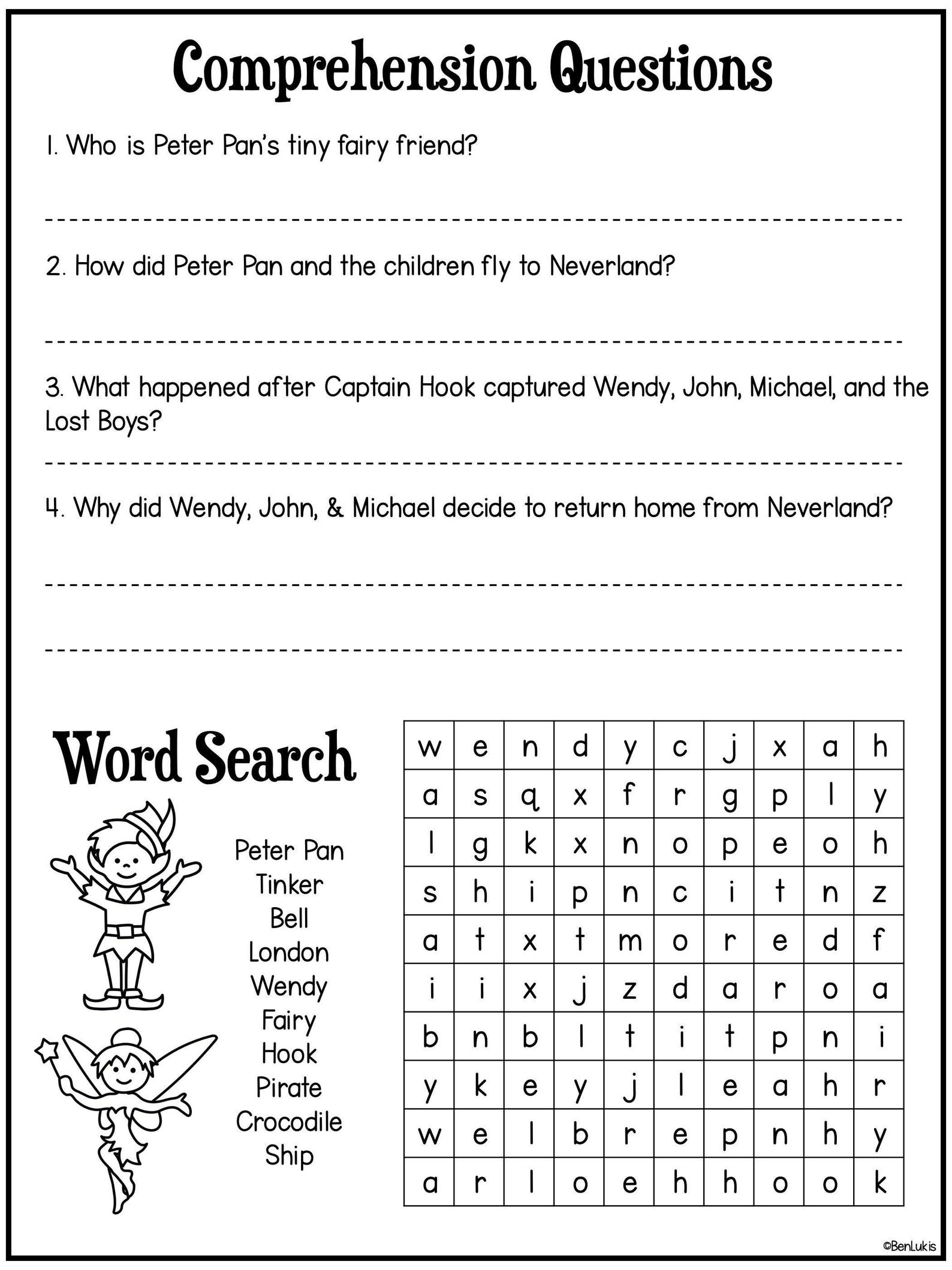 Peter Pan Reading Comprehension, Word Search, Coloring Pages (digital ...