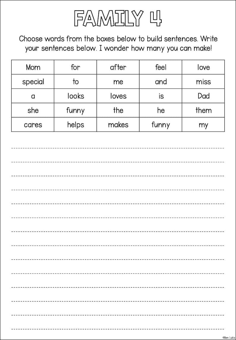 Building Sentences Using Words, Writing Sentences About Family ...