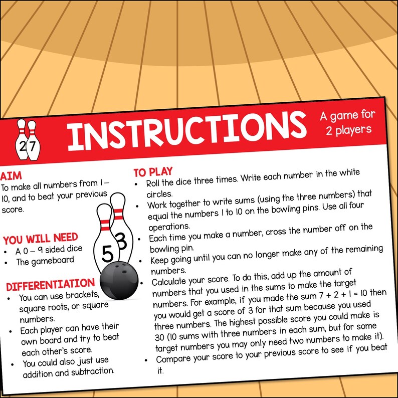 Four Operations Math Game, Bowling Numbers, Math Facts Printable PDF ...