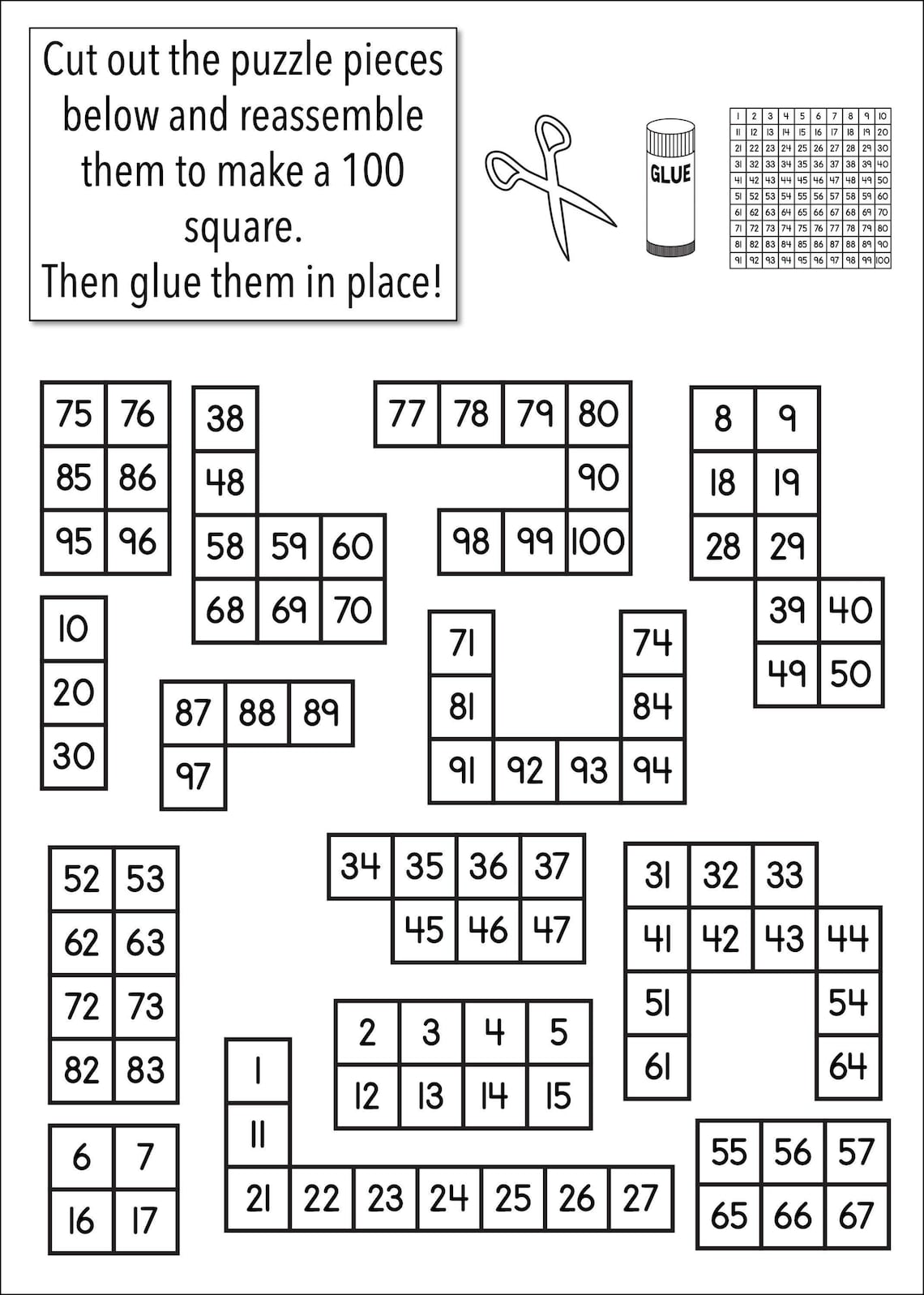 Place Value to 100 Jigsaws, 100 Chart Jigsaw Activity, Printable PDF ...