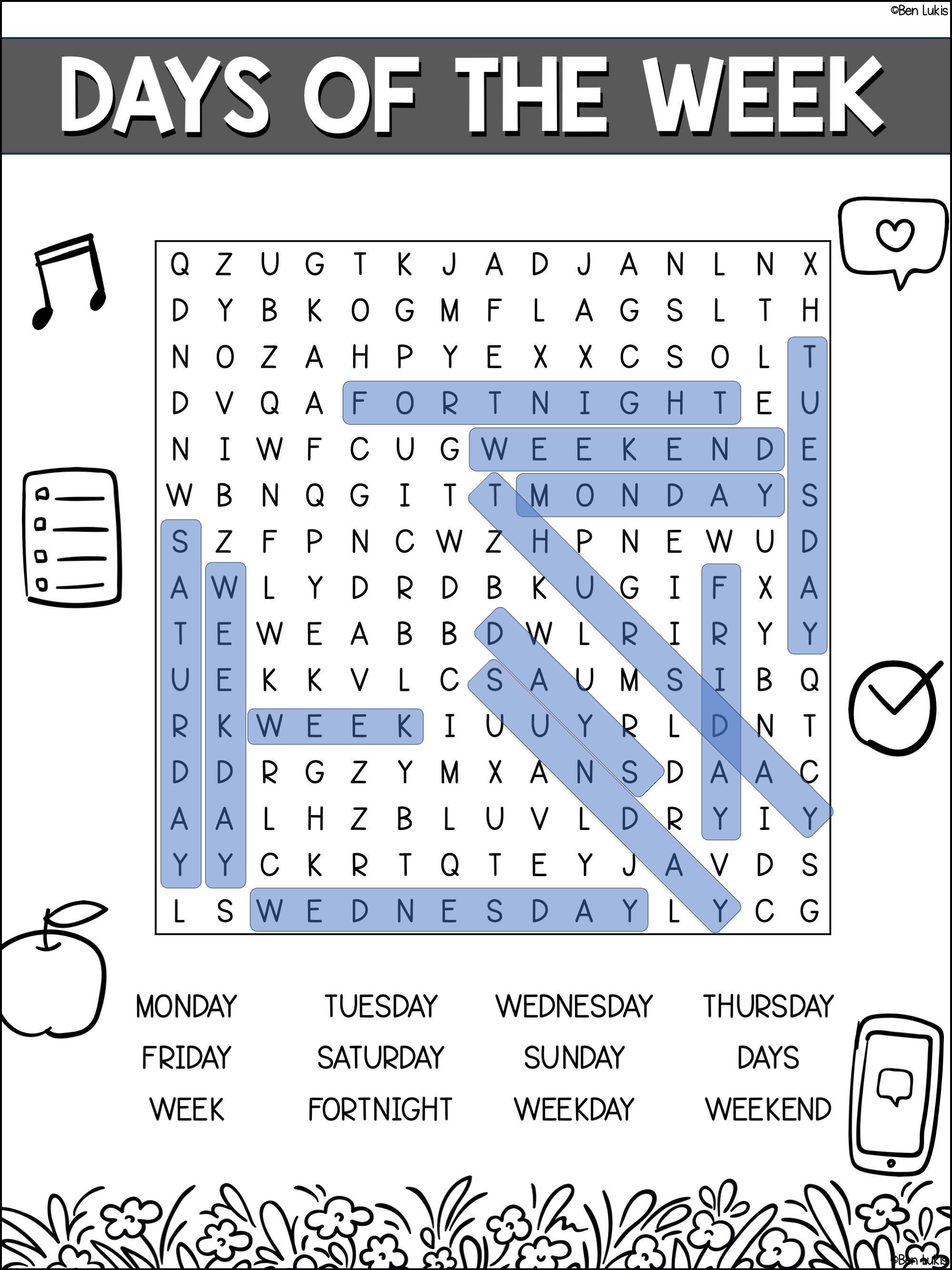 Word Search Puzzles for Days of Week, Months of the Year, Time Word ...