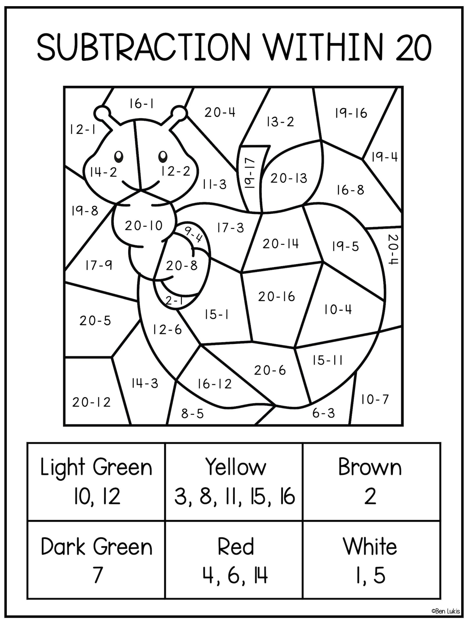 Color by Number Addition and Subtraction Within 20 Worksheets, Math ...