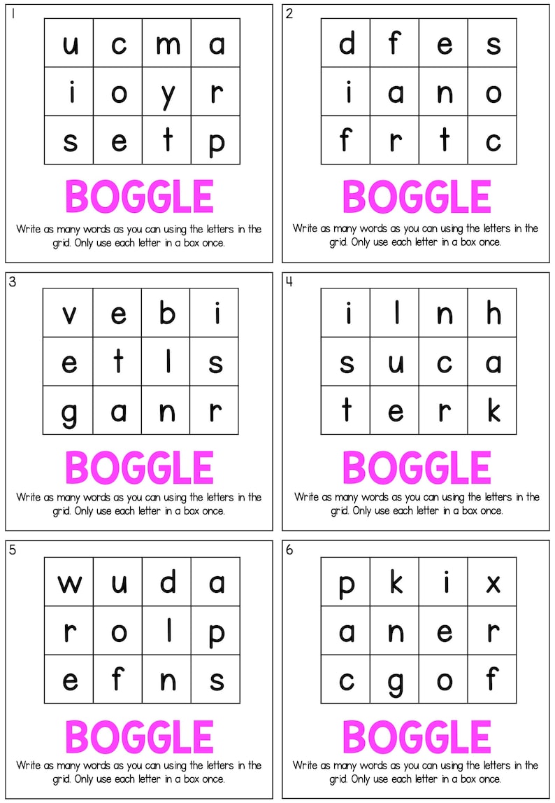 Boggle Cards for Spelling and Making Words, Printable PDF Boggle ...
