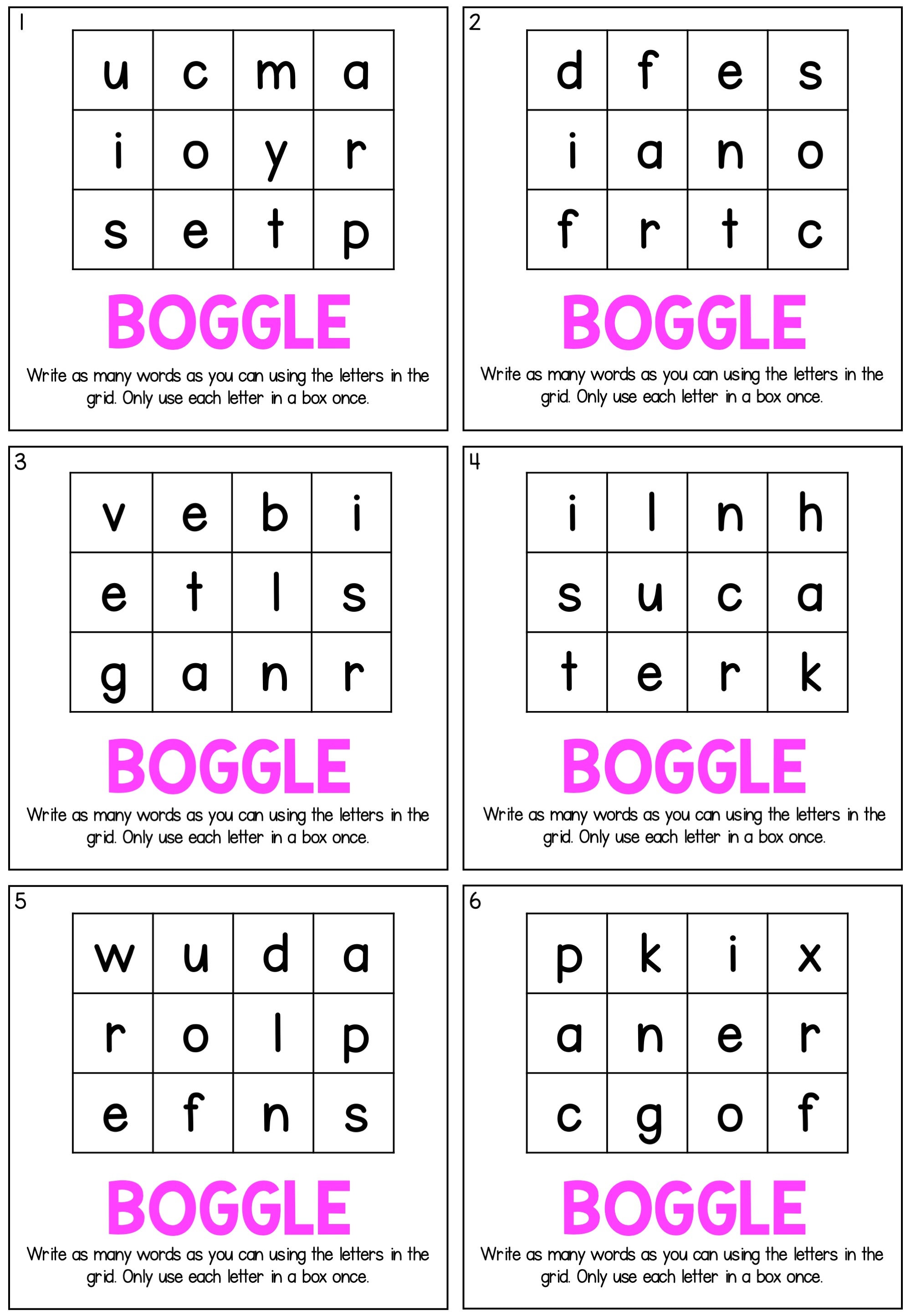 Boggle Cards for Spelling and Making Words, Printable PDF Boggle ...